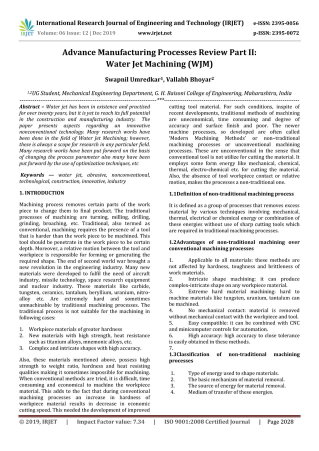 IRJET- Advance Manufacturing Processes Review Part II: Water Jet Machining (WJM) | PDF