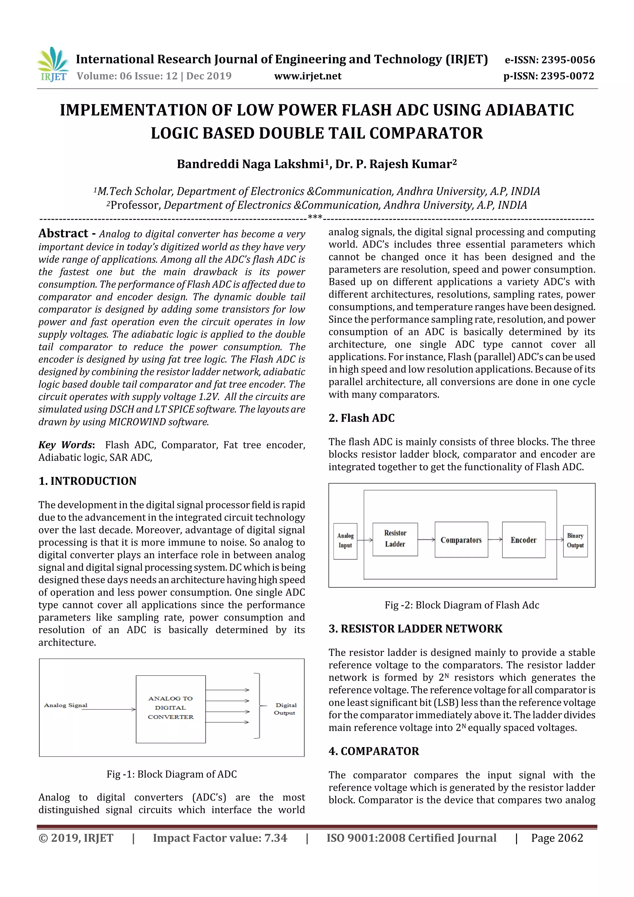 Irjet Implementation Of Low Power Flash Adc Using Adiabatic Logic Based Double Tail Comparator
