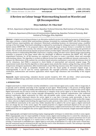 IRJET- A Review on Colour Image Watermarking based on Wavelet and QR Decomposition | PDF