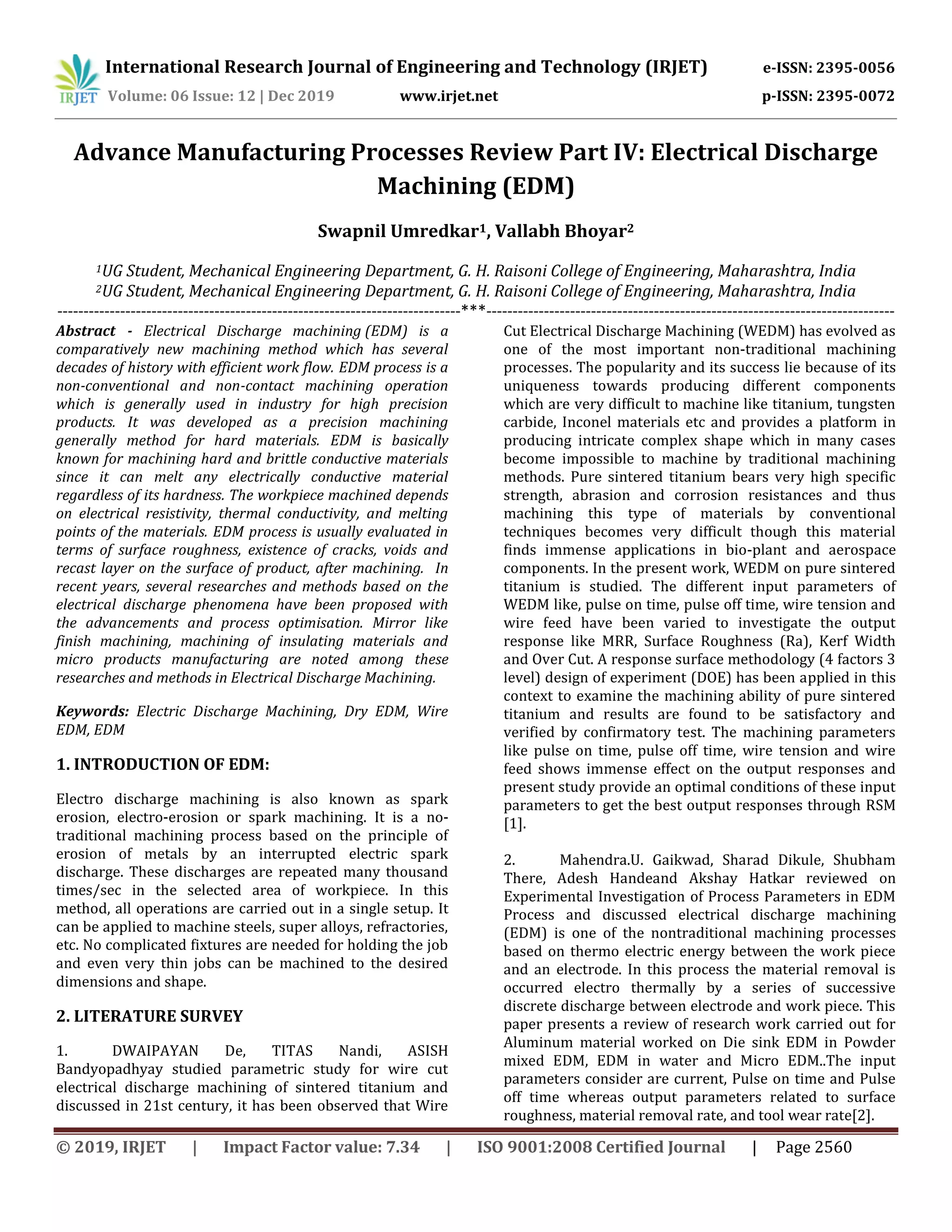 IRJET- Advance Manufacturing Processes Review Part IV: Electrical Discharge Machining (EDM) | PDF