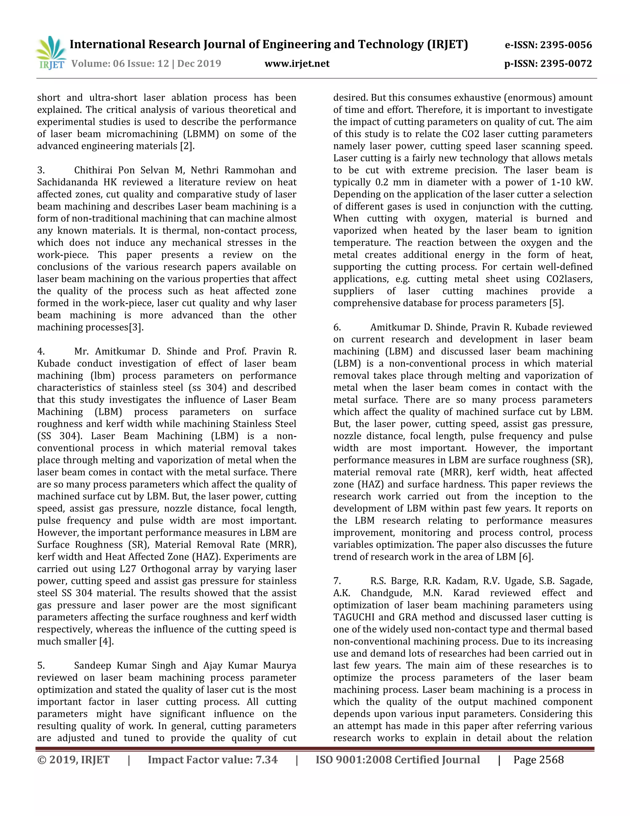 IRJET- Advance Manufacturing Processes Review Part V: Laser Beam Machining (LBM) | PDF | Physics ...