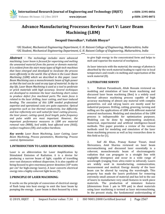 IRJET- Advance Manufacturing Processes Review Part V: Laser Beam ...