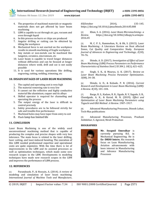 IRJET- Advance Manufacturing Processes Review Part V: Laser Beam Machining (LBM) | PDF