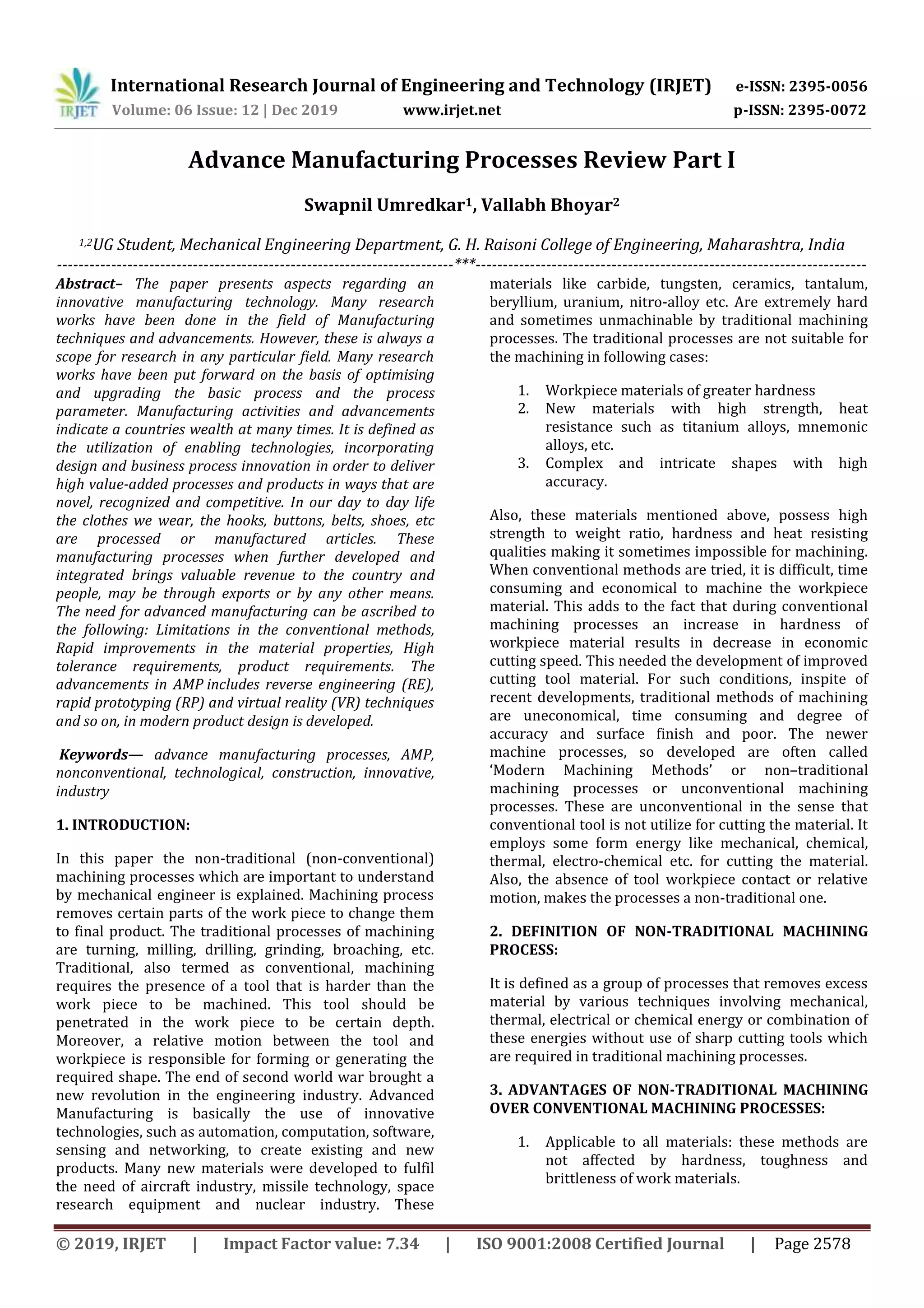 IRJET- Advance Manufacturing Processes Review Part I | PDF