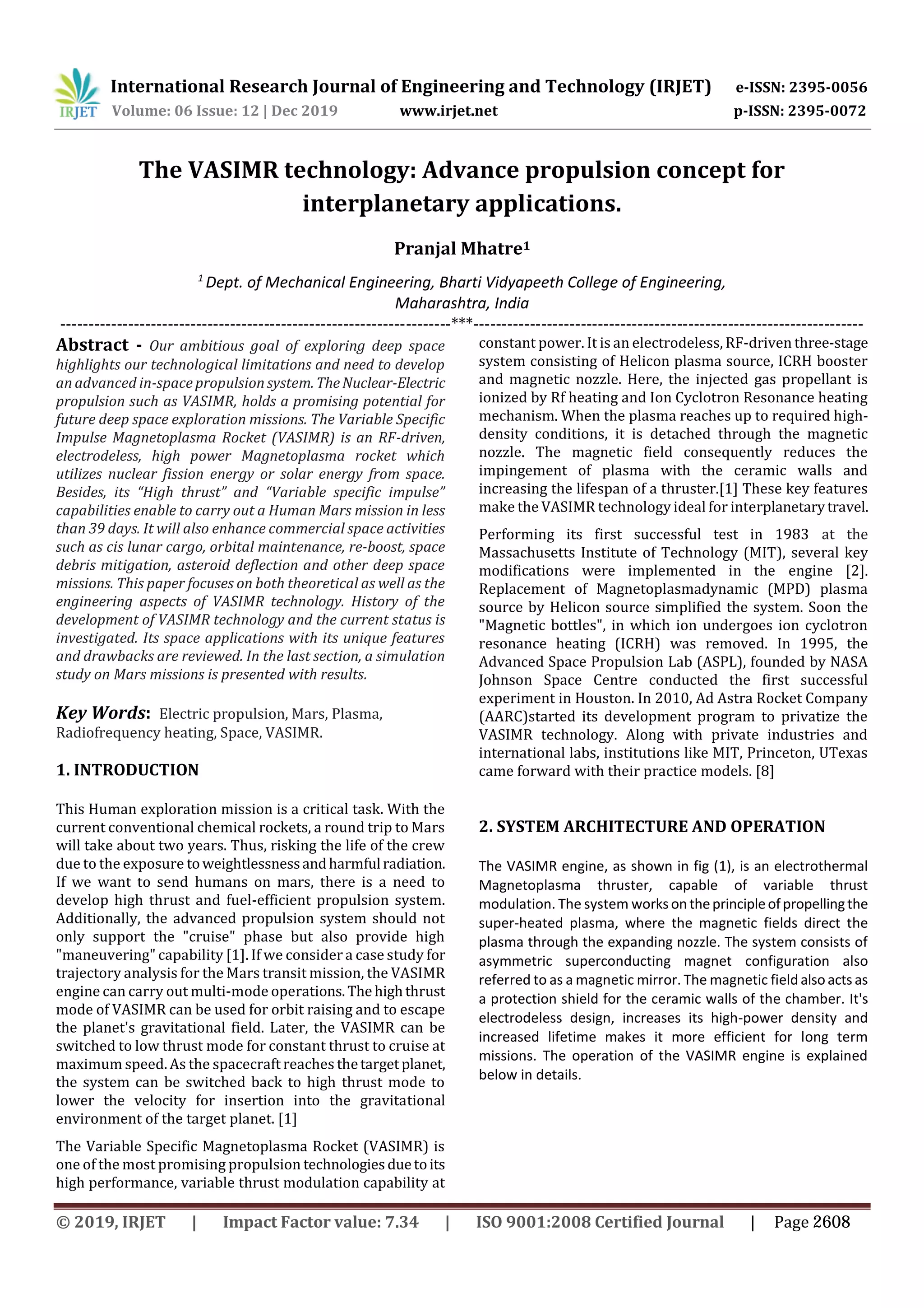 IRJET- The VASIMR Technology: Advance Propulsion Concept for ...