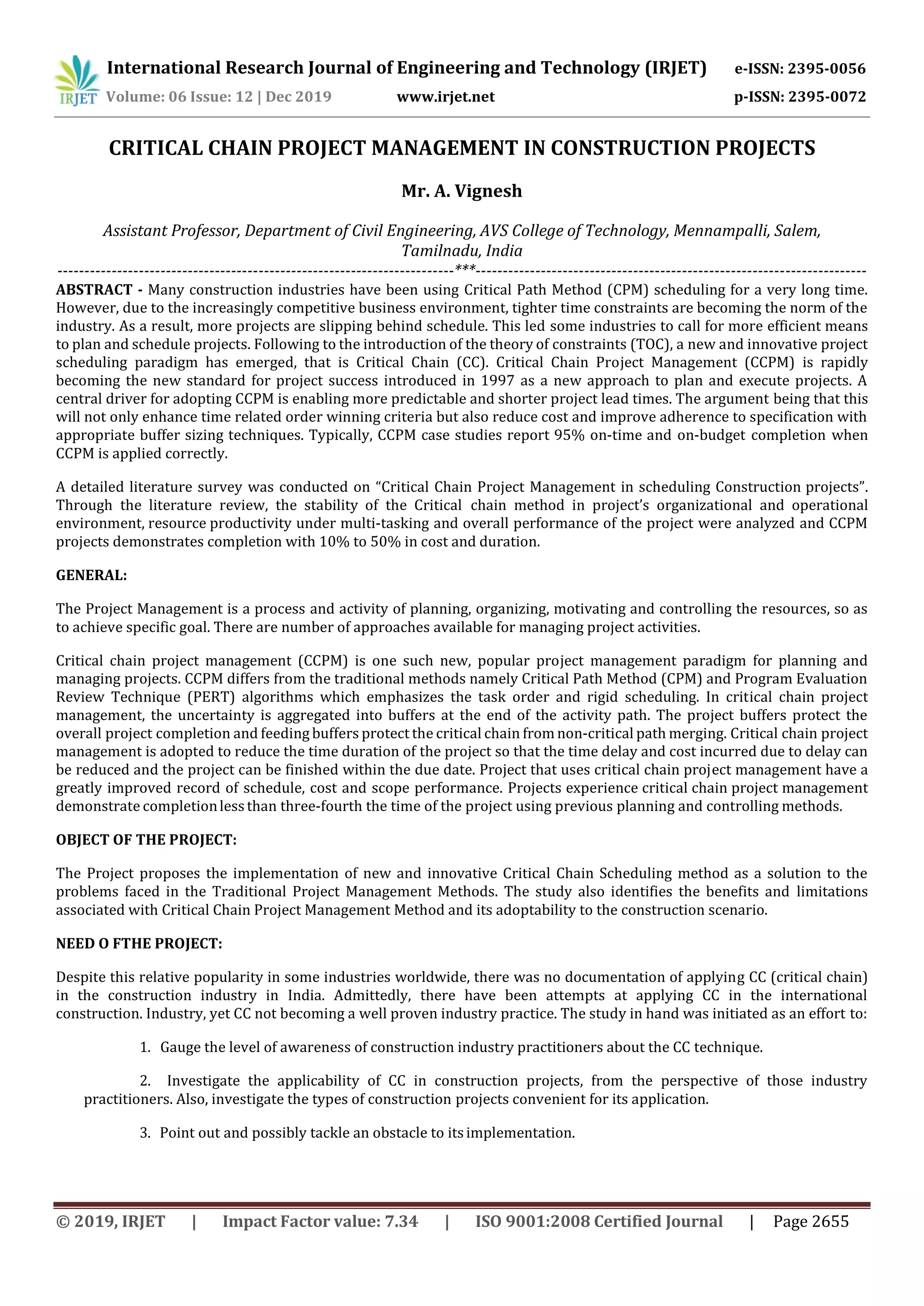 Irjet Critical Chain Project Management In Construction Projects Pdf