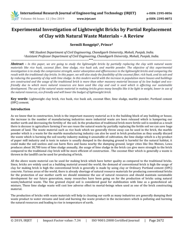 IRJET- Experimental Investigation of Lightweight Bricks by Partial ...