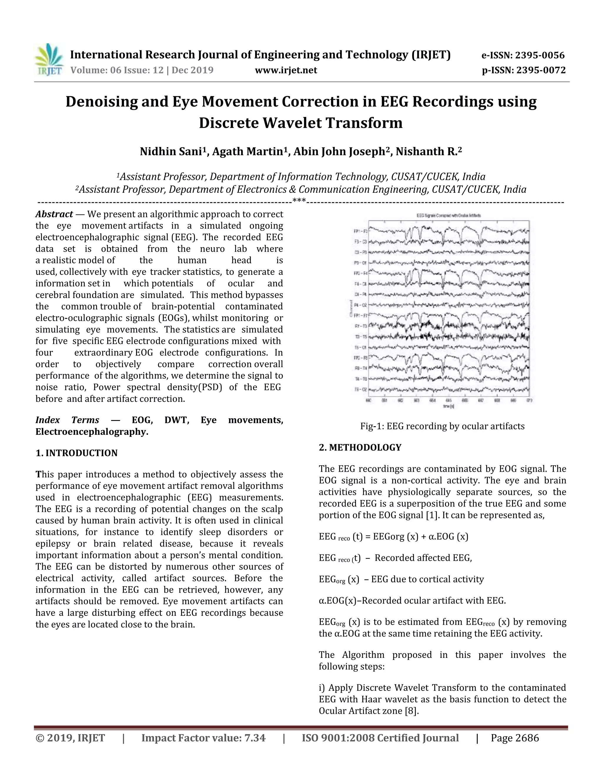 IRJET-Denoising and Eye Movement Correction in EEG Recordings using Discrete Wavelet Transform | PDF