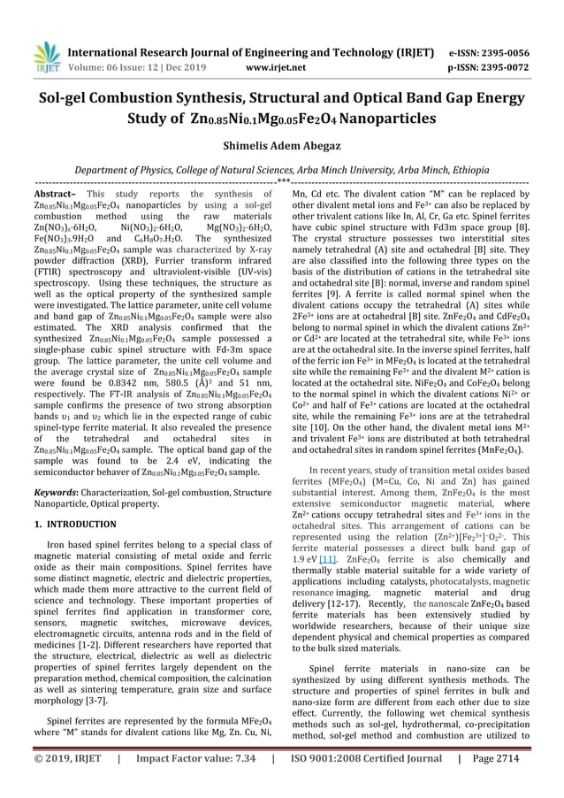 IRJET- Sol-Gel Combustion Synthesis, Structural and Optical Band Gap ...