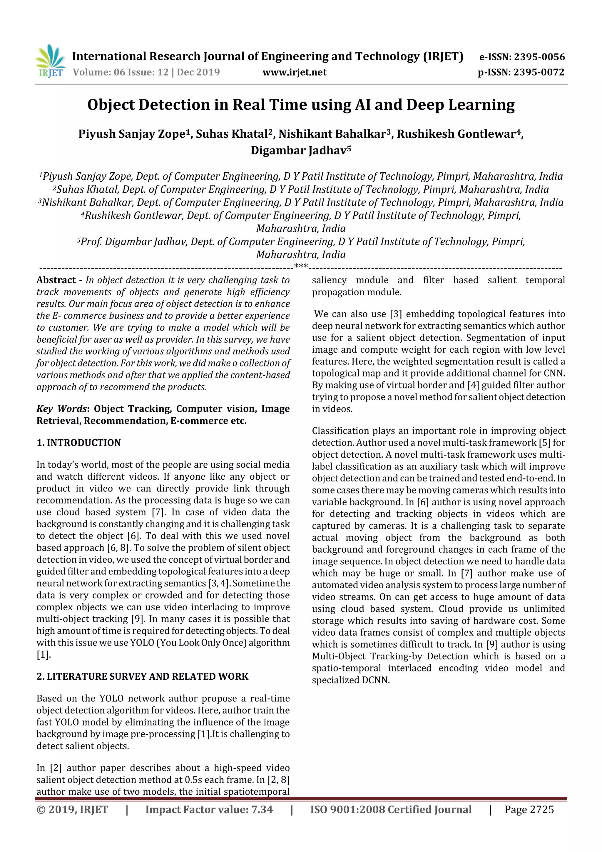 IRJET- Object Detection in Real Time using AI and Deep Learning | PDF