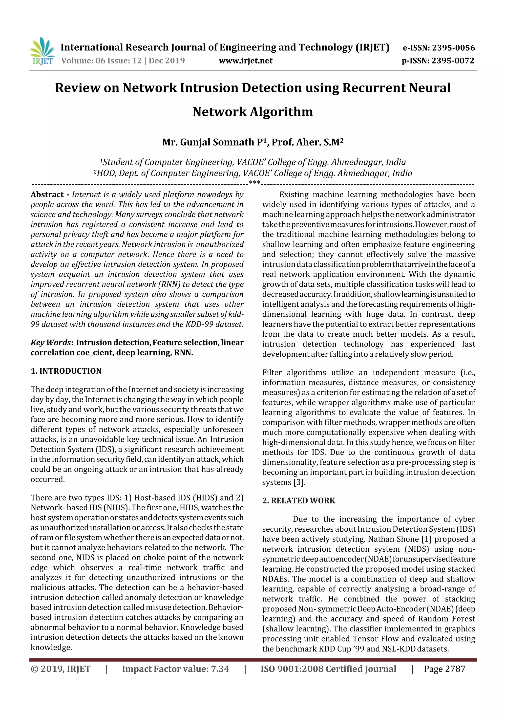 Irjet Review On Network Intrusion Detection Using Recurrent Neural Network Algorithm Pdf