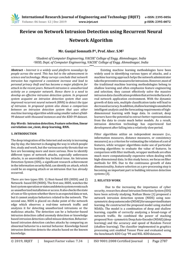 Irjet Review On Network Intrusion Detection Using Recurrent Neural Network Algorithm Pdf