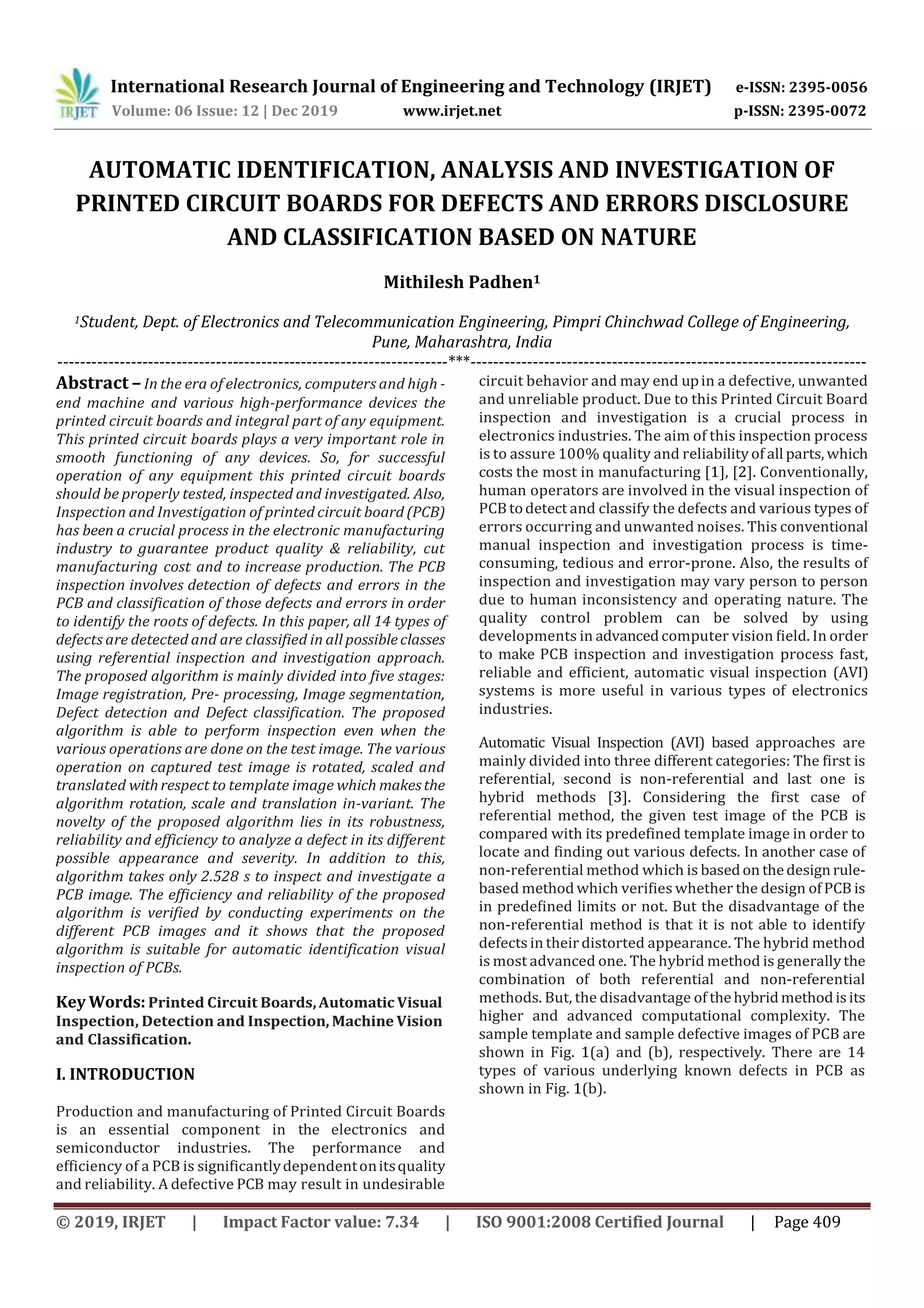 IRJET- Automatic Identification, Analysis and Investigation of Printed Circuit Boards for ...