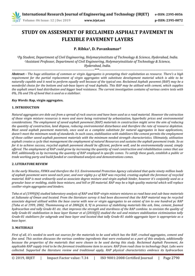 IRJET- Study on Assesment of Reclaimed Asphalt Pavement in Flexible Pavement Layers | PDF
