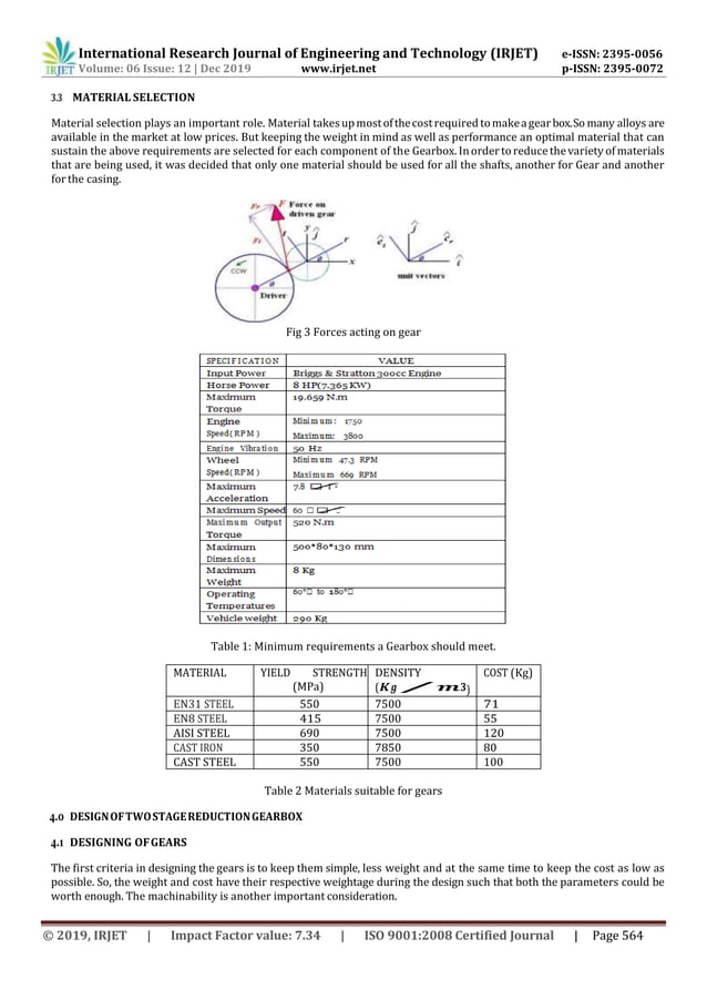 IRJET- Design and Analysis of a Two Stage Reduction Gearbox | PDF