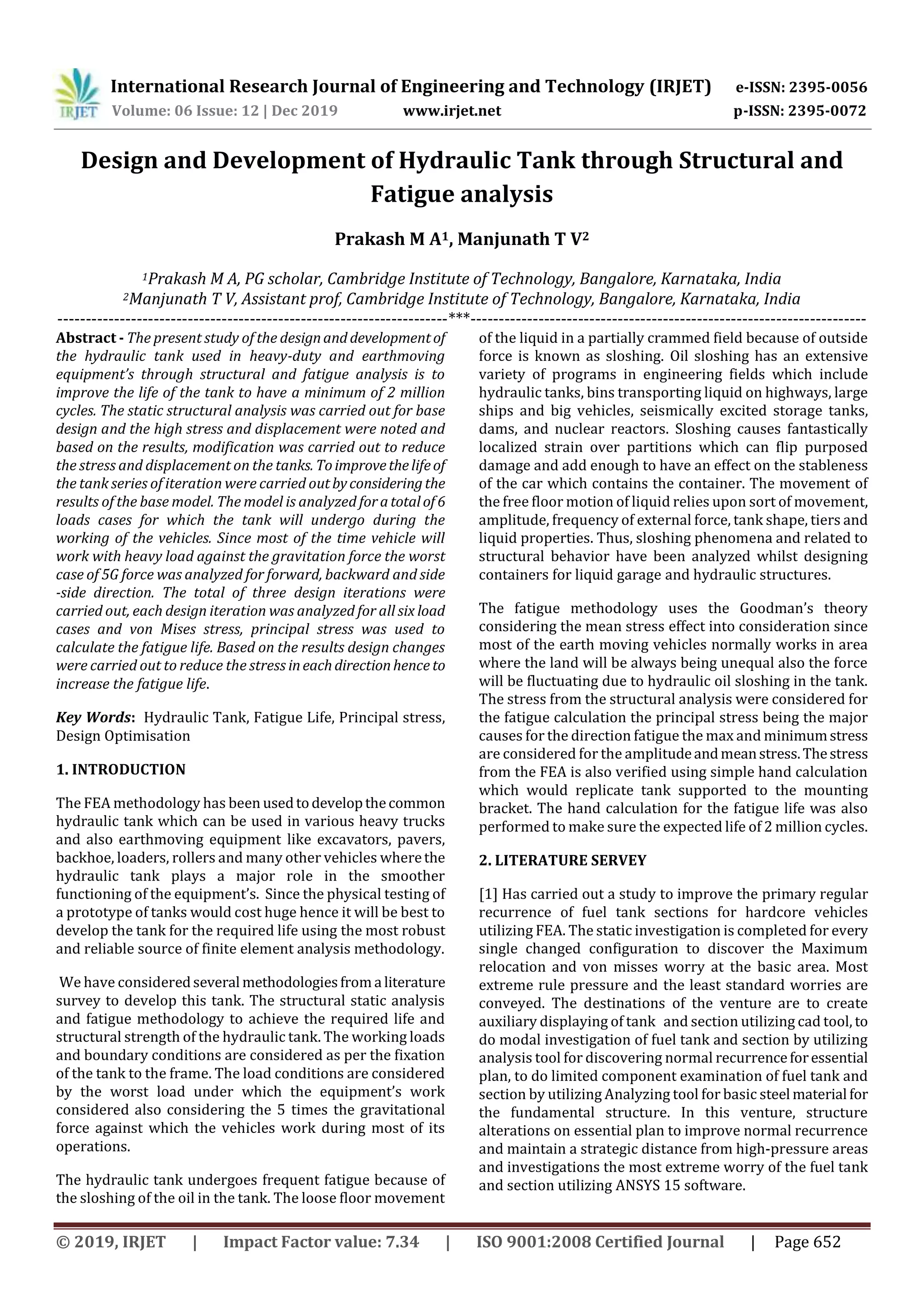 IRJET- Design and Development of Hydraulic Tank through Structural and Fatigue Analysis | PDF