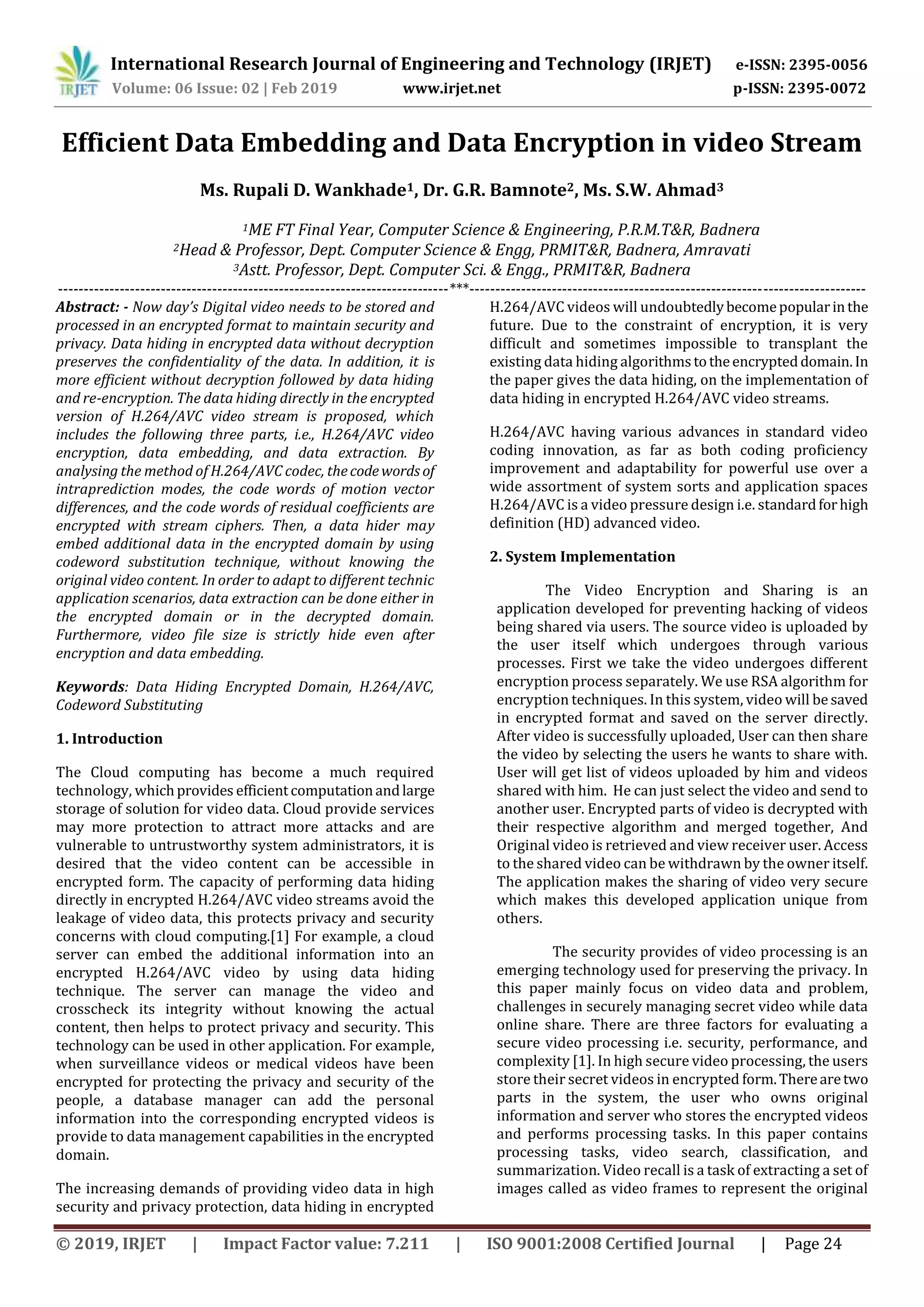 IRJET- Efficient Data Embedding and Data Encryption in Video Stream | PDF