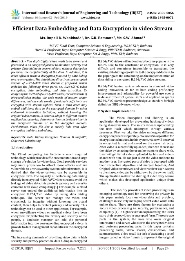 IRJET- Efficient Data Embedding and Data Encryption in Video Stream | PDF