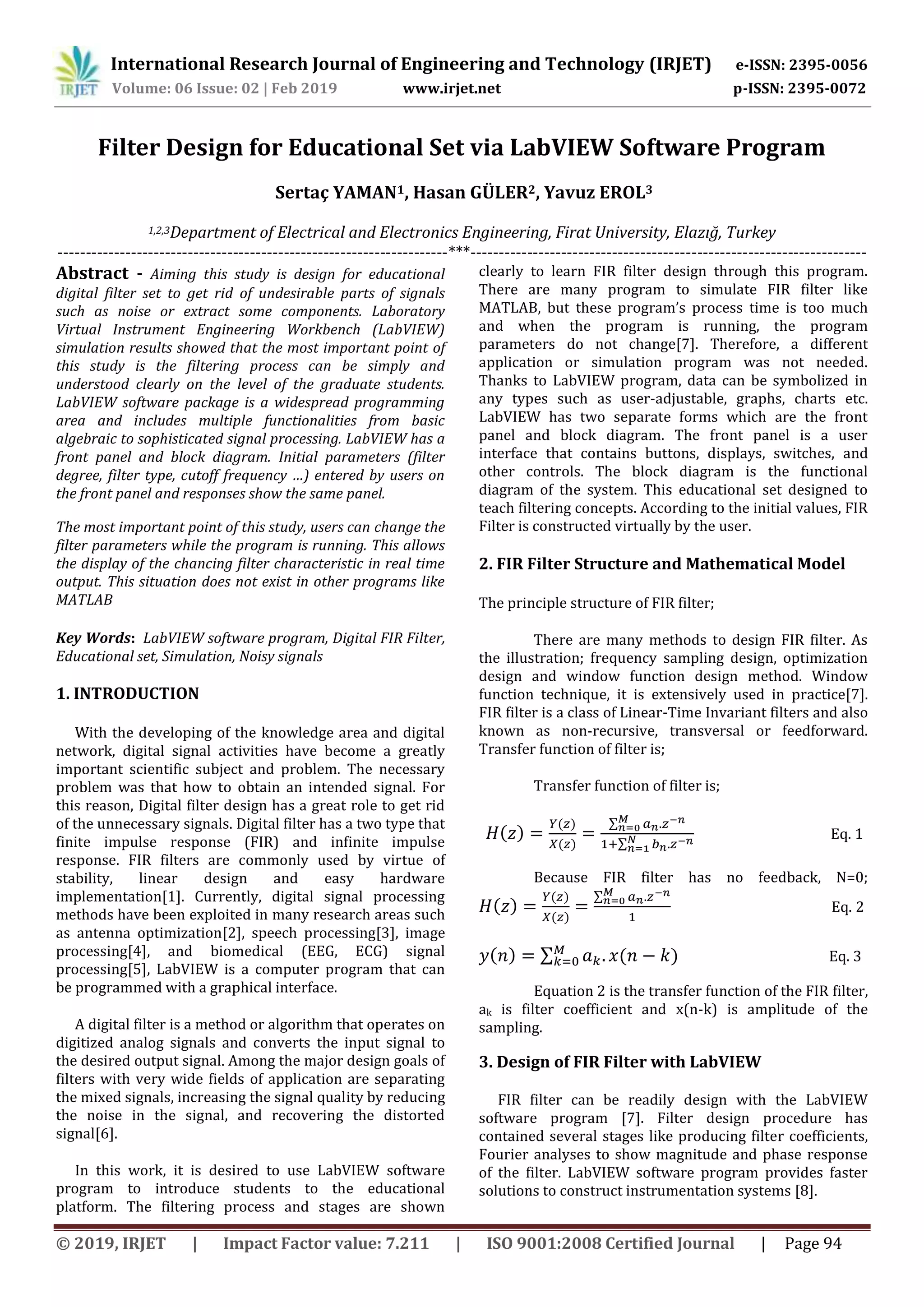 IRJET- Filter Design for Educational Set Via Labview Software Program ...