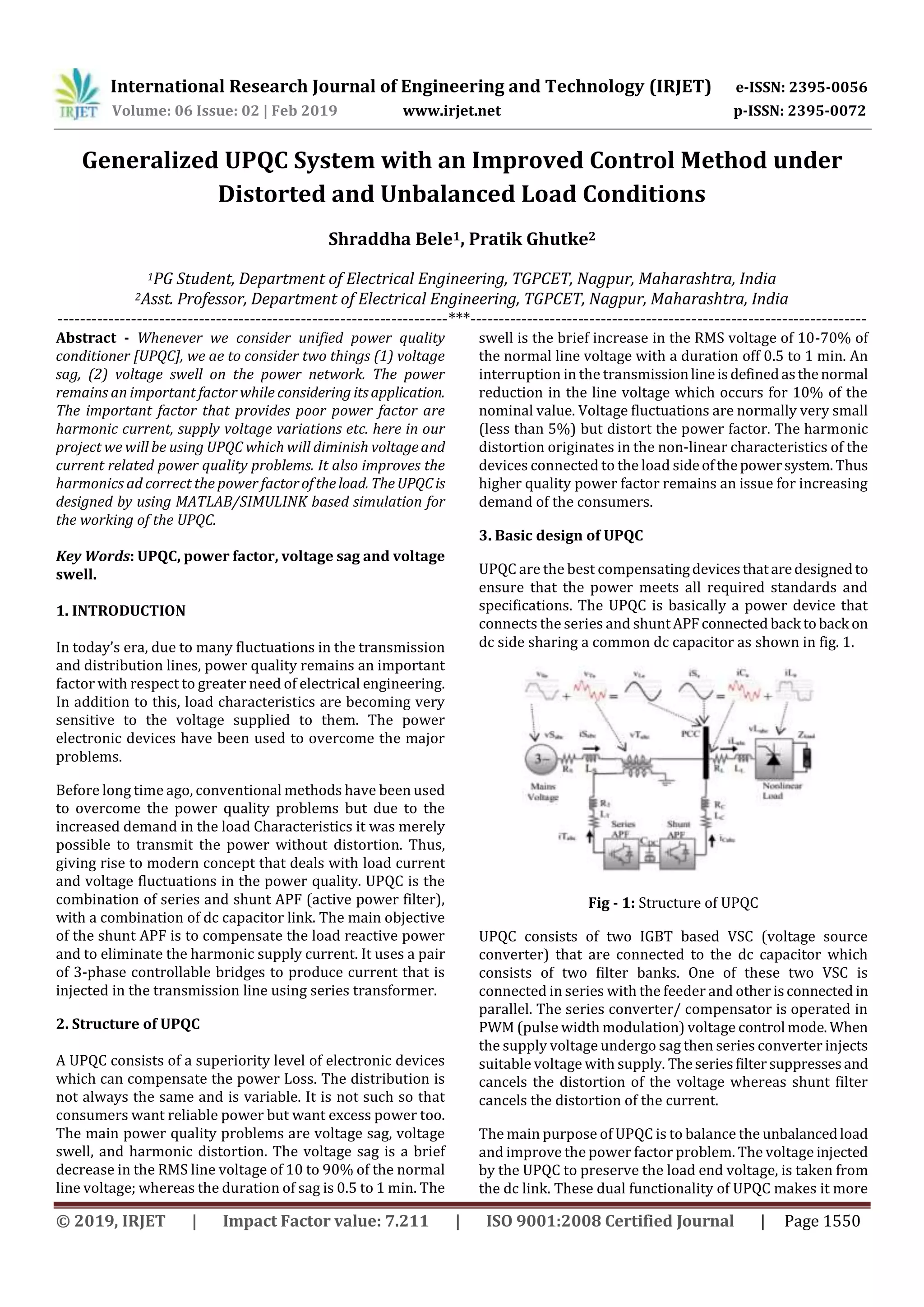 IRJET- Generalized UPQC System with an Improved Control Method under Distorted and Unbalanced ...