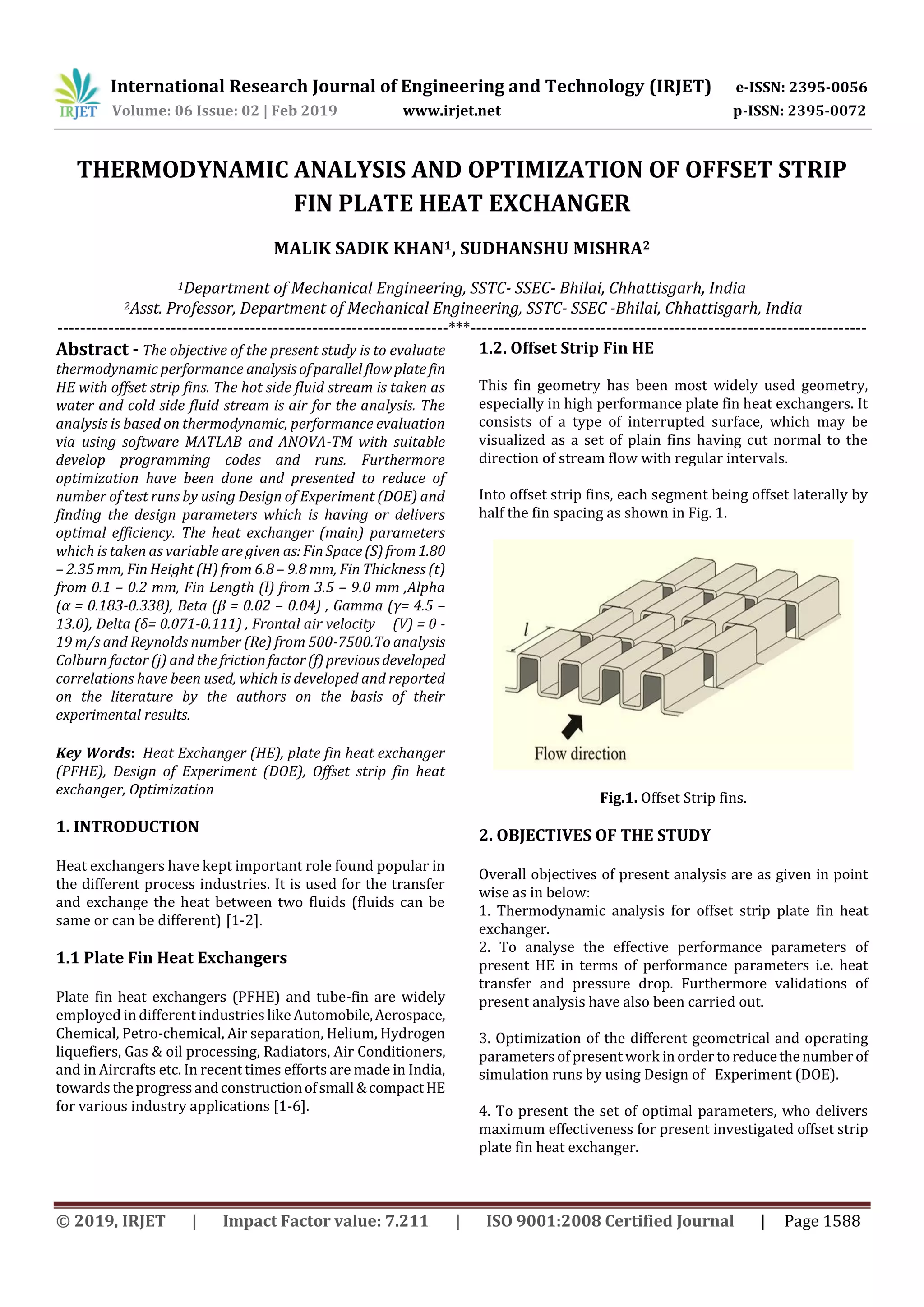 Irjet Thermodynamic Analysis And Optimization Of Offset Strip Fin