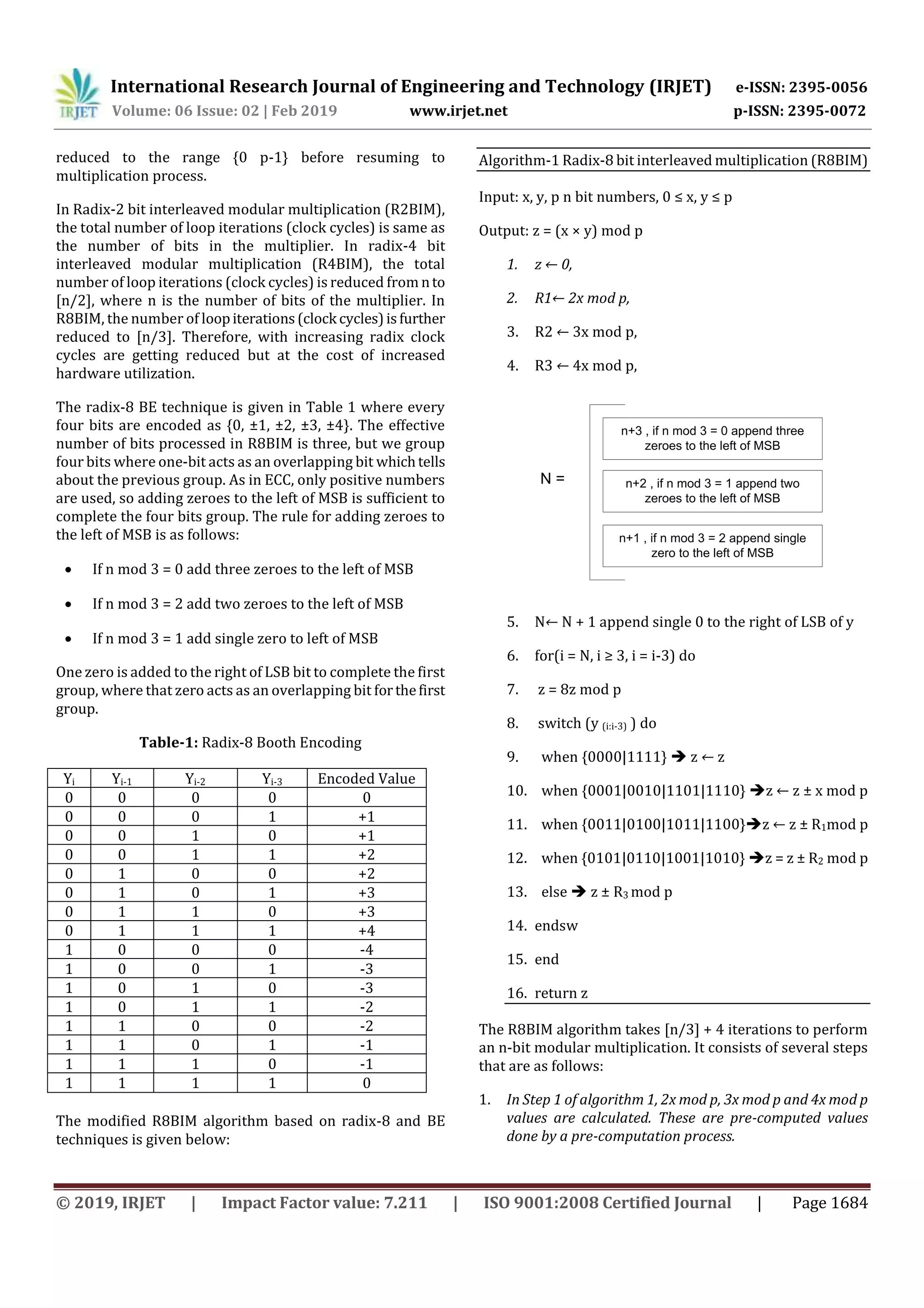IRJET- Radix 8 Booth Encoded Interleaved Modular Multiplication | PDF