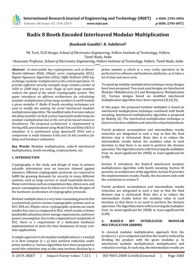 IRJET- Radix 8 Booth Encoded Interleaved Modular Multiplication | PDF