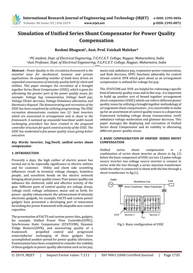 IRJET- Simulation of Unified Series Shunt Compensator for Power Quality Compensation | PDF