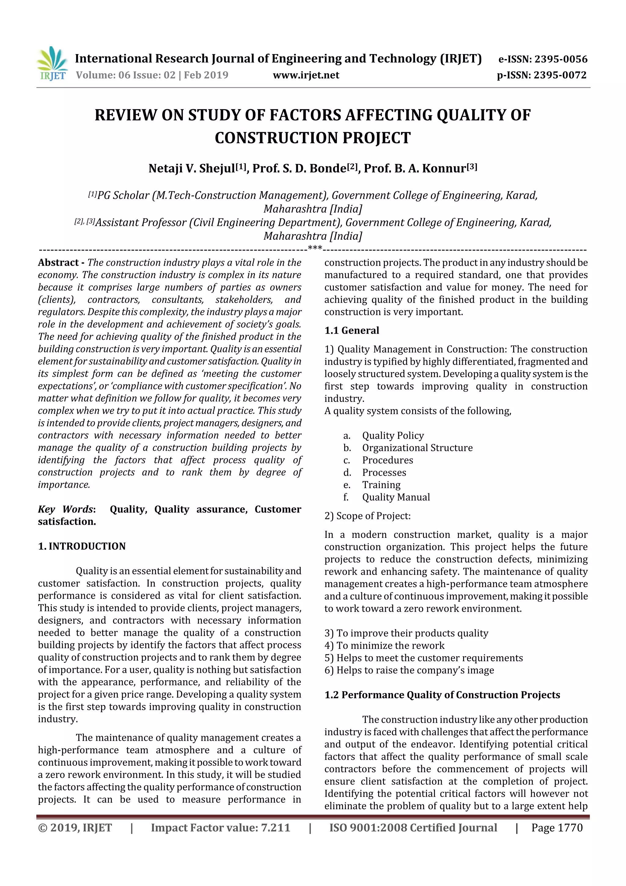 IRJET- Review on Study of Factors Affecting Quality of Construction ...