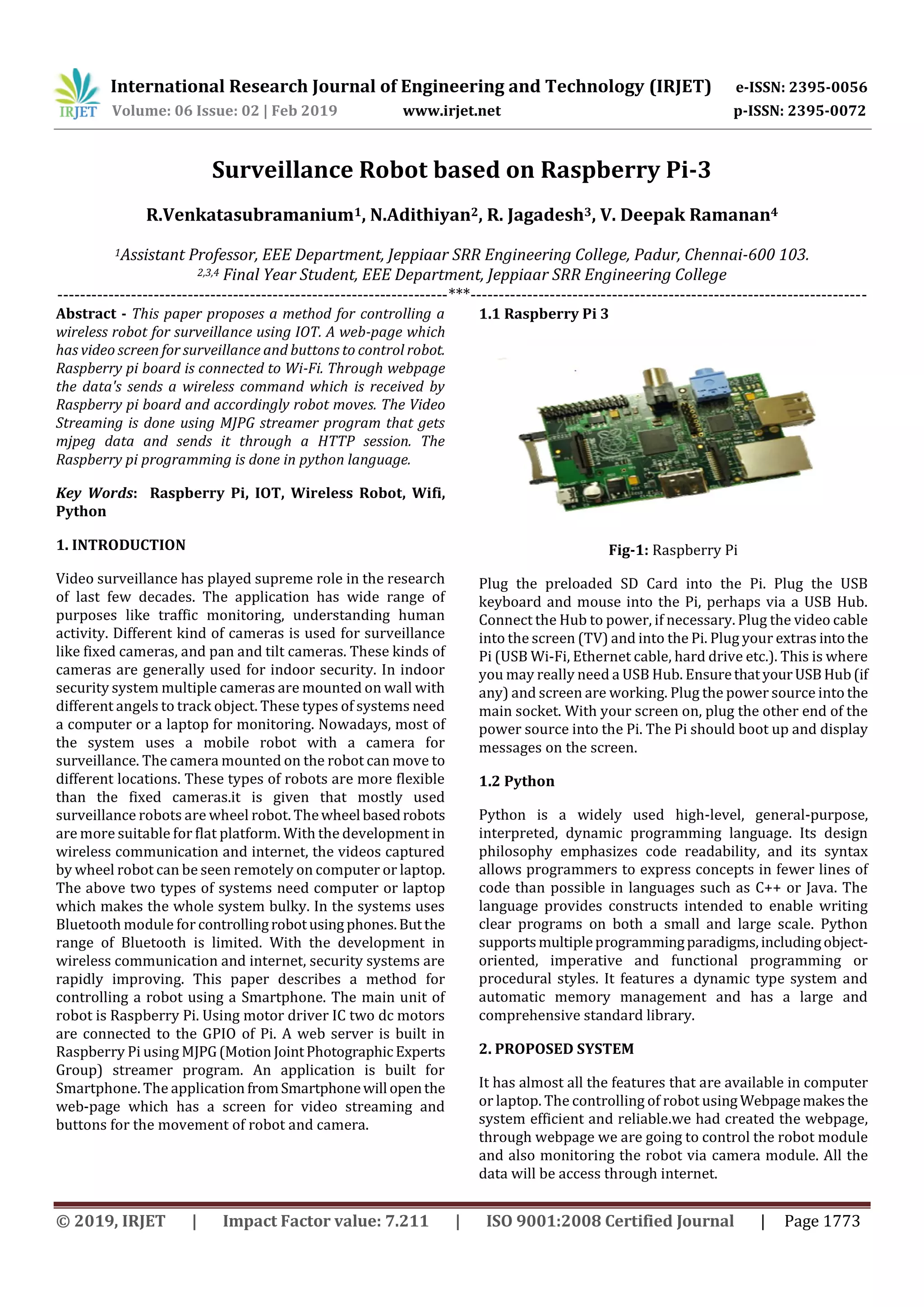 IRJET- Surveillance Robot based on Raspberry Pi-3 | PDF
