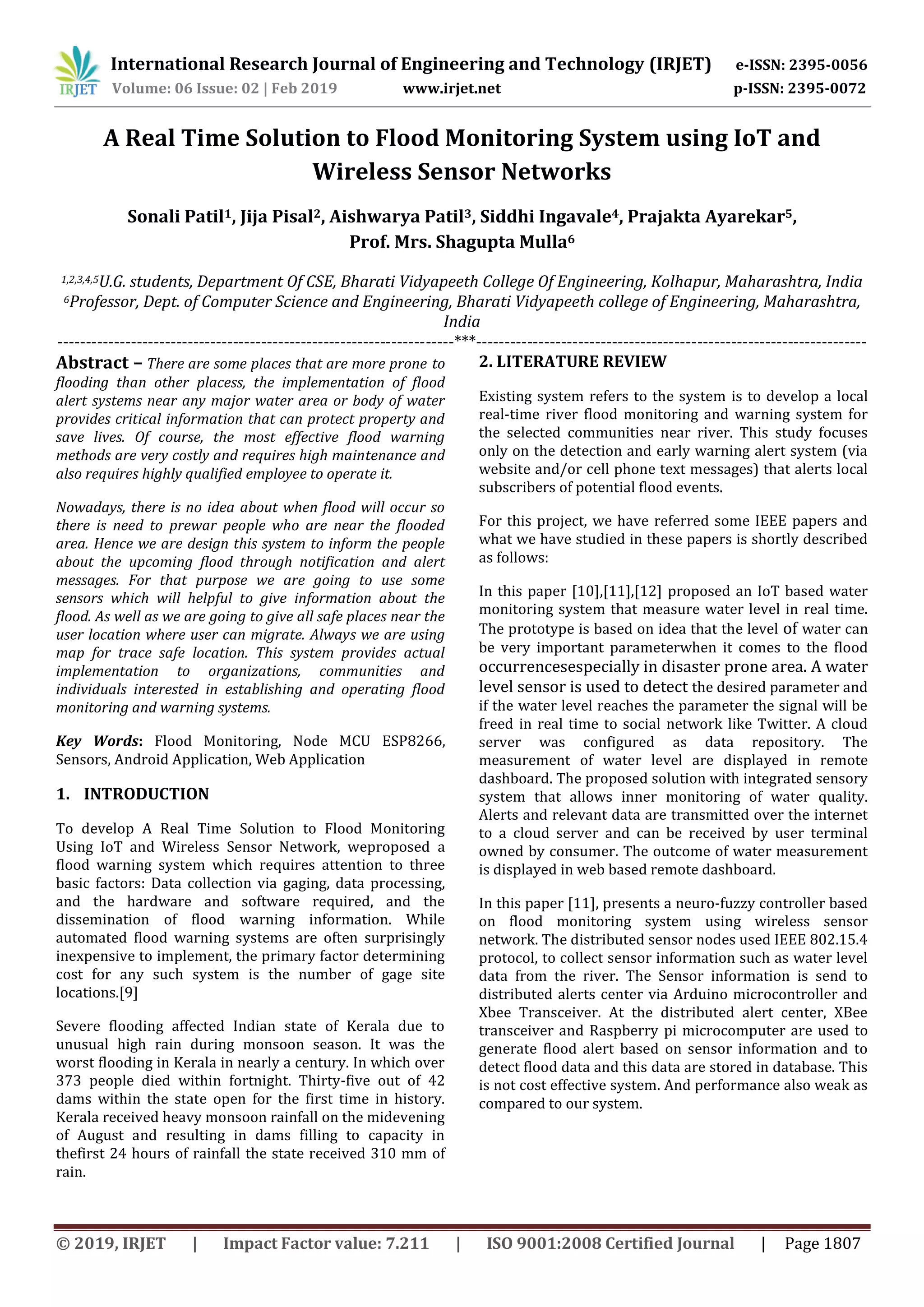 Irjet A Real Time Solution To Flood Monitoring System Using Iot And