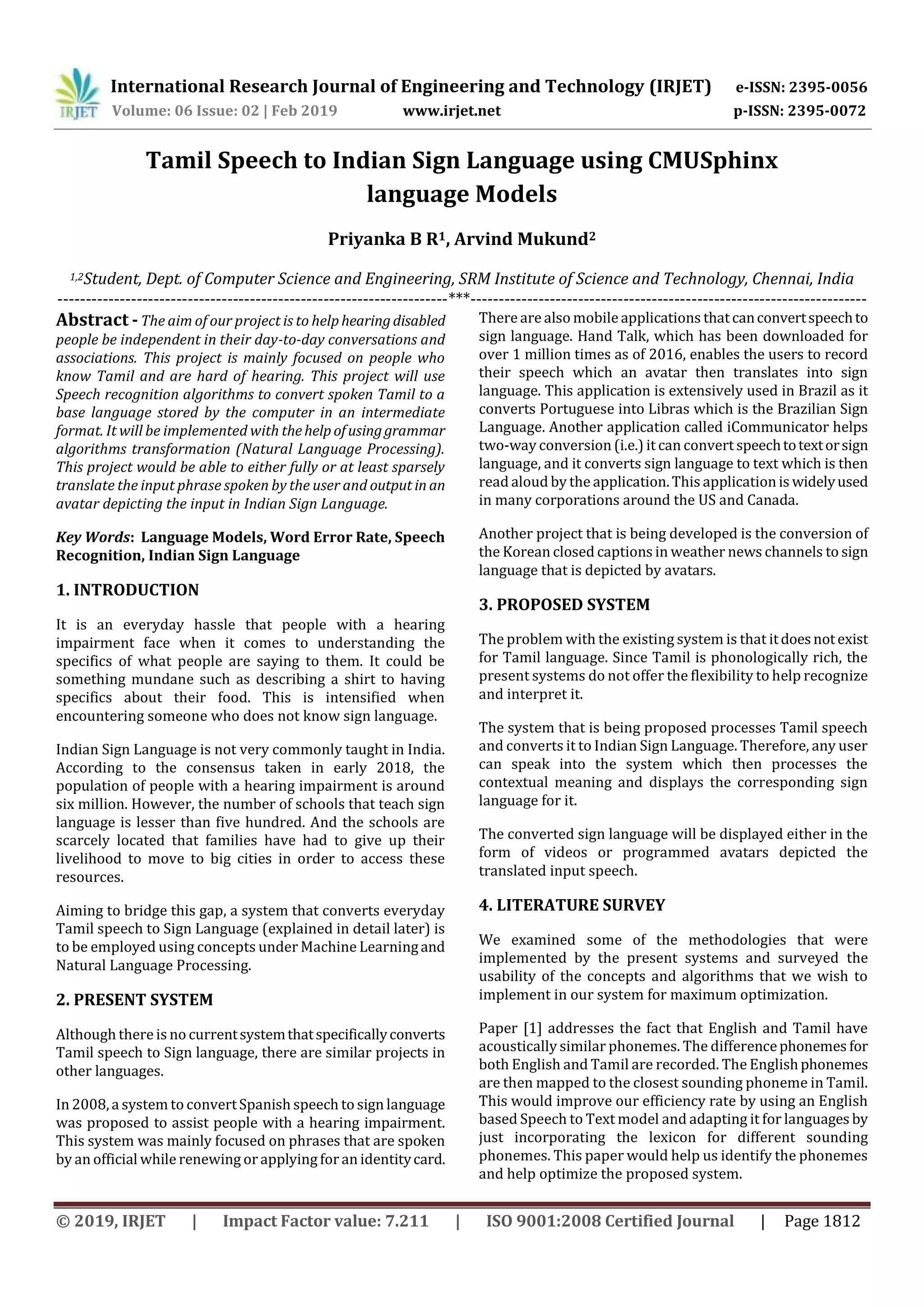 IRJET- Tamil Speech to Indian Sign Language using CMUSphinx Language Models | PDF | Ear, Nose ...