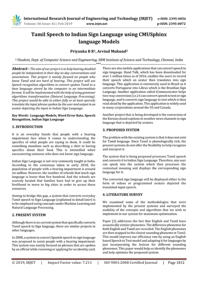 IRJET- Tamil Speech to Indian Sign Language using CMUSphinx Language ...