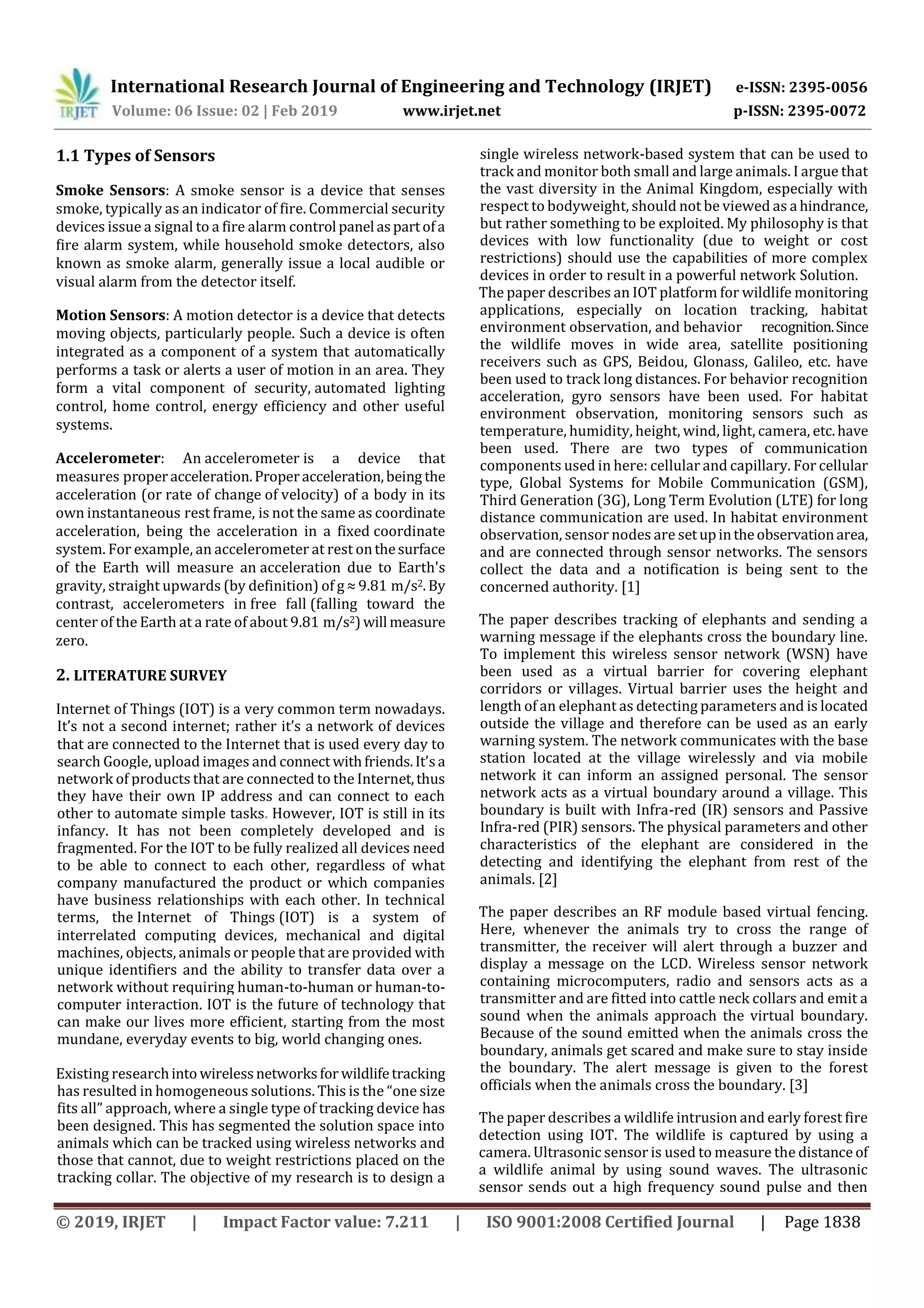 IRJET- IoT – Wildlife Monitoring, Virtual Fencing with Deforestation Notifications | PDF