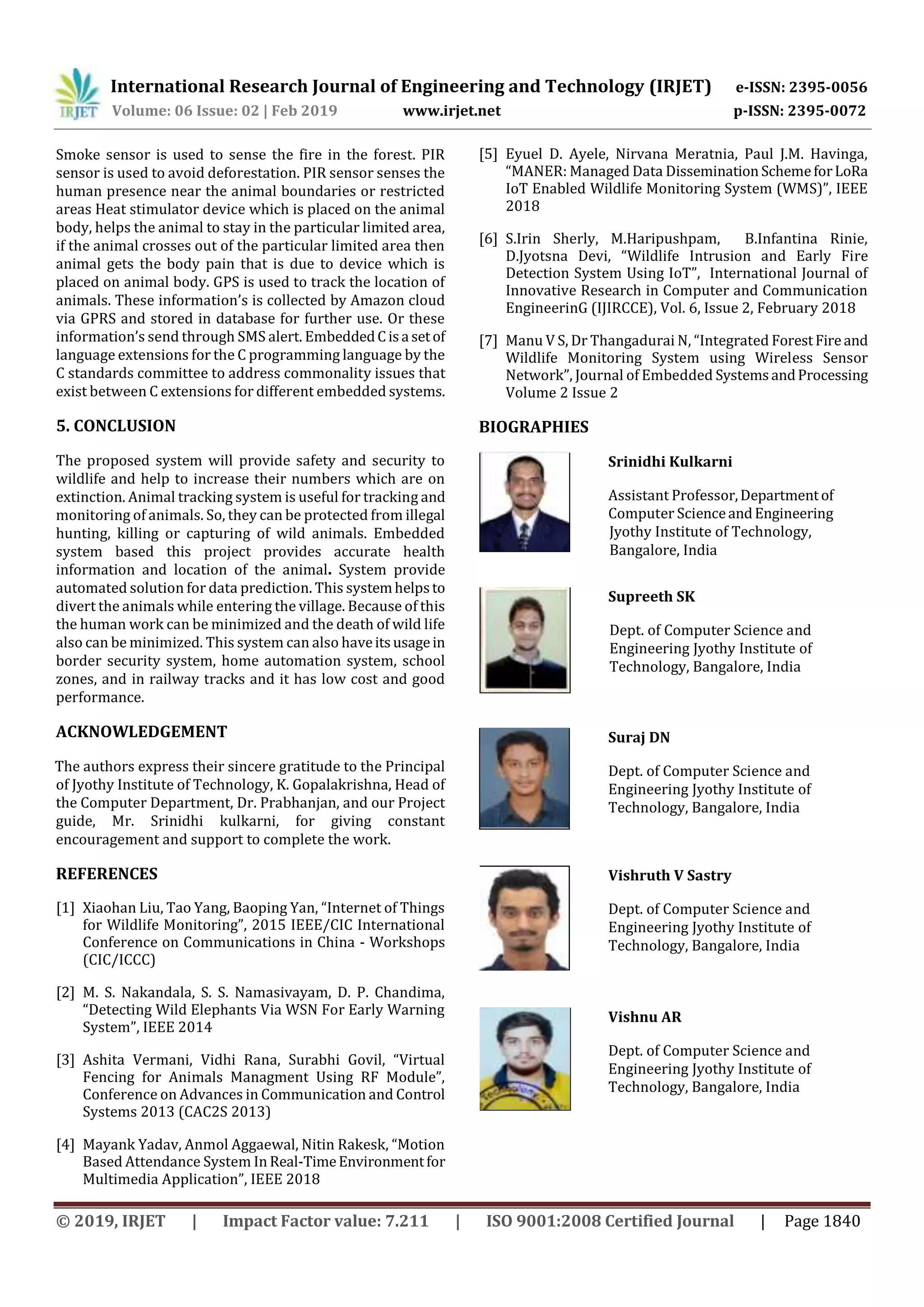 IRJET- IoT – Wildlife Monitoring, Virtual Fencing with Deforestation Notifications | PDF