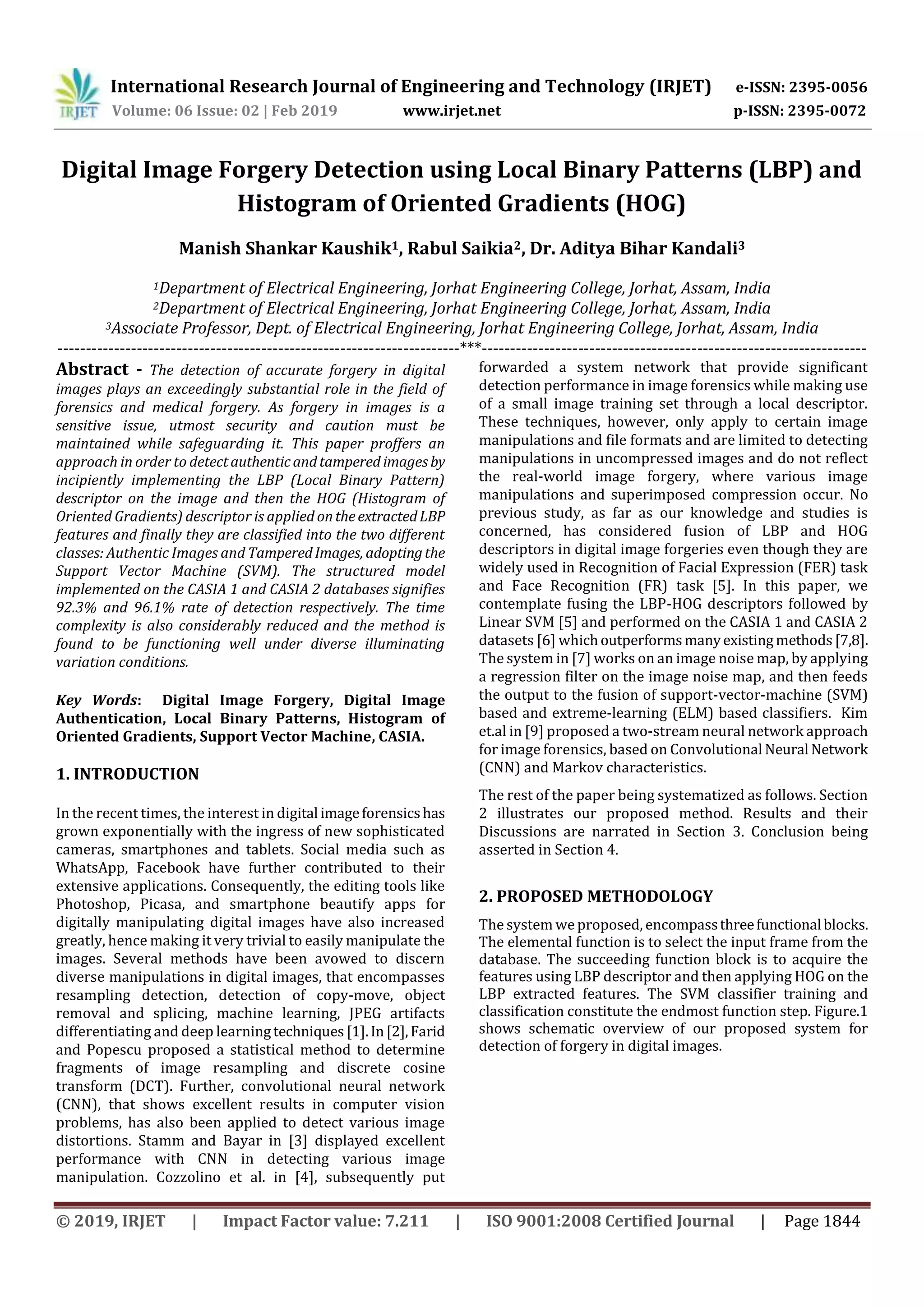 Irjet Digital Image Forgery Detection Using Local Binary Patterns Lbp And Histogram Of