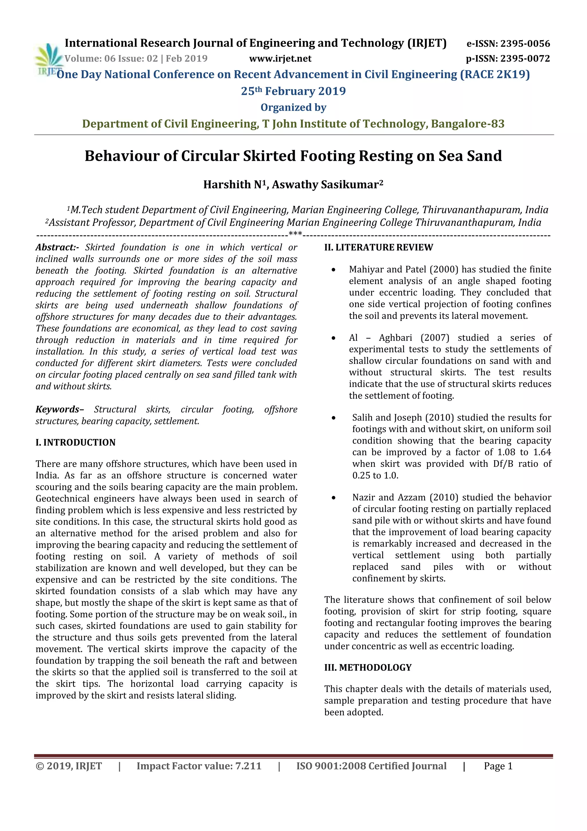 IRJET- Behaviour of Circular Skirted Footing Resting on Sea Sand | PDF