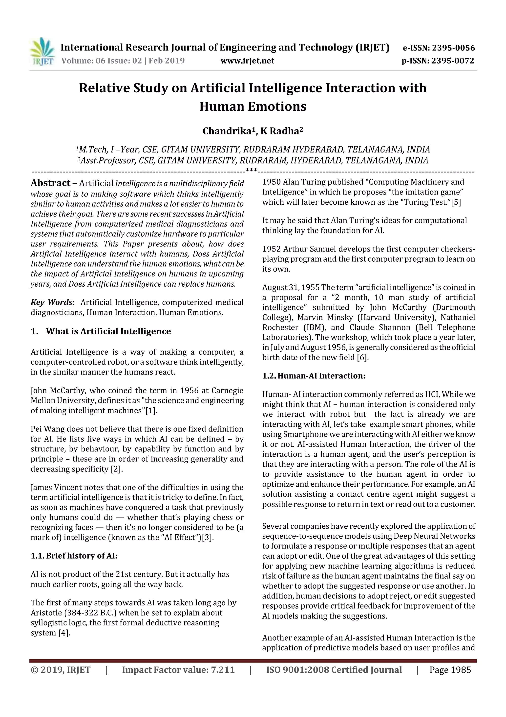 IRJET- Relative Study on Artificial Intelligence Interaction with Human Emotions | PDF