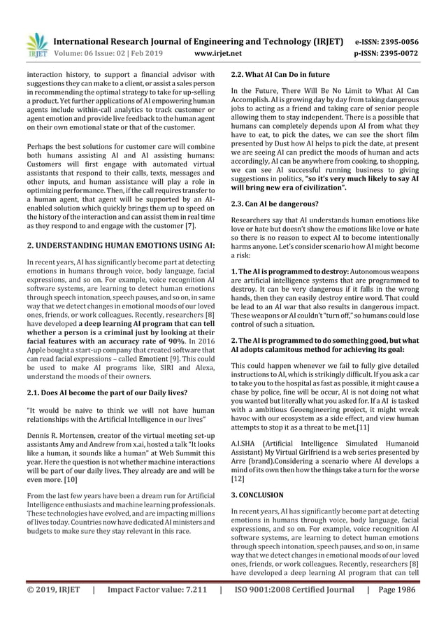 IRJET- Relative Study on Artificial Intelligence Interaction with Human Emotions | PDF