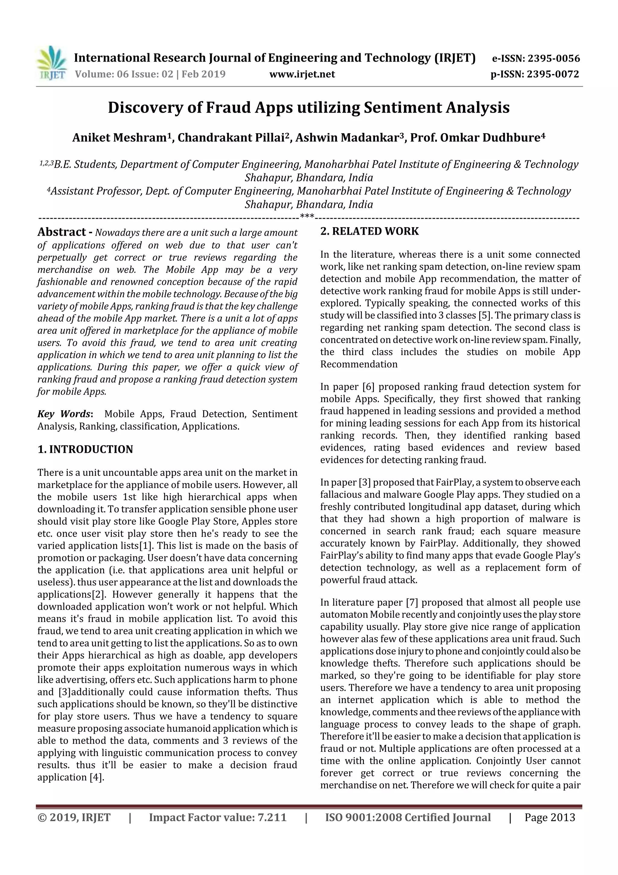 IRJET- Discovery of Fraud Apps Utilizing Sentiment Analysis | PDF