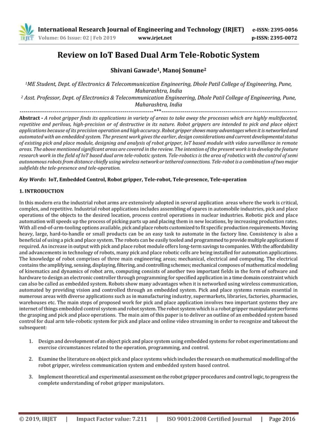 IRJET- Review on IoT based Dual ARM Tele-Robotic System | PDF