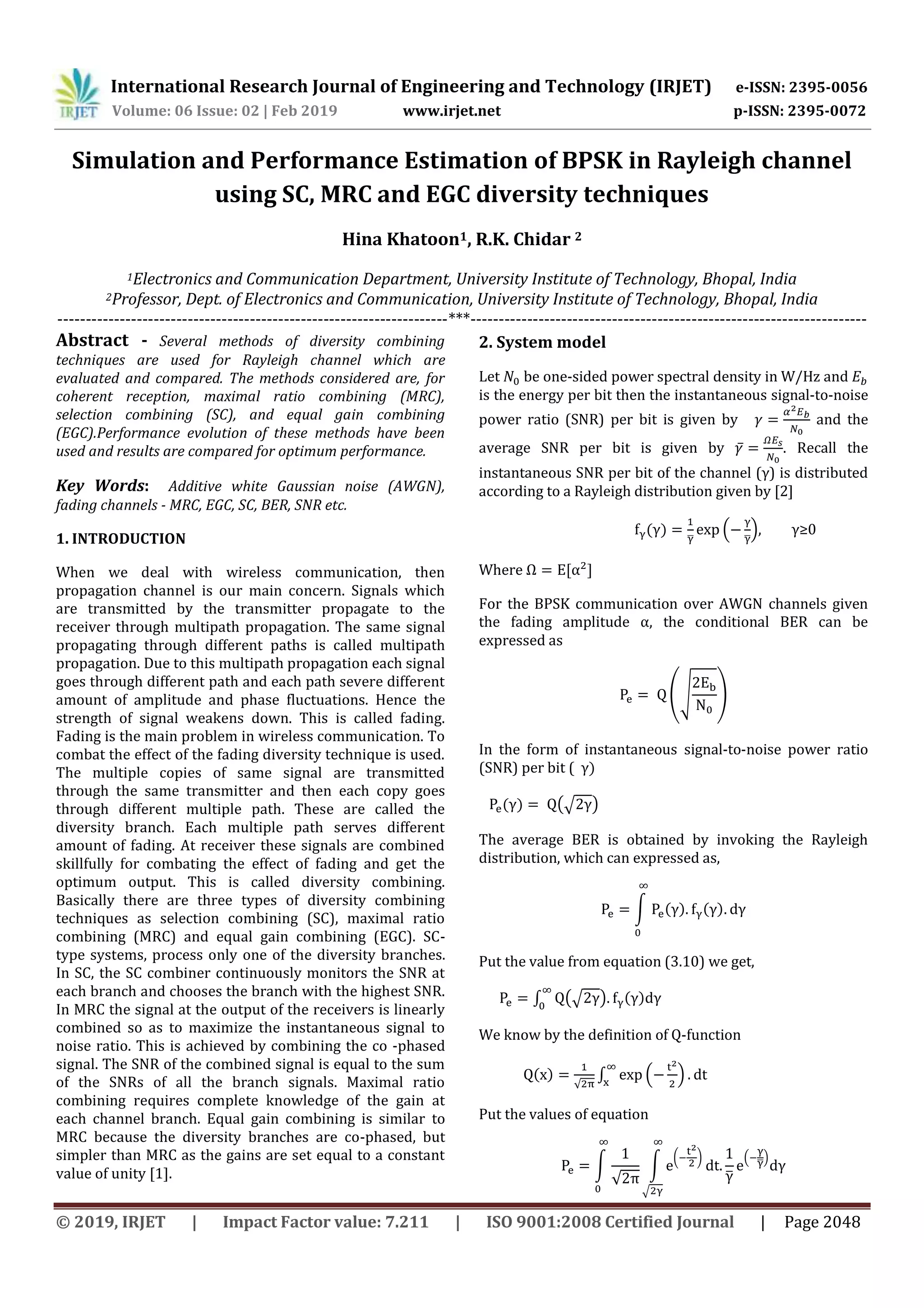 IRJET- Simulation and Performance Estimation of BPSK in Rayleigh Channel using SC, MRC and EGC ...