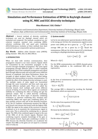 IRJET- Simulation and Performance Estimation of BPSK in Rayleigh Channel using SC, MRC and EGC ...