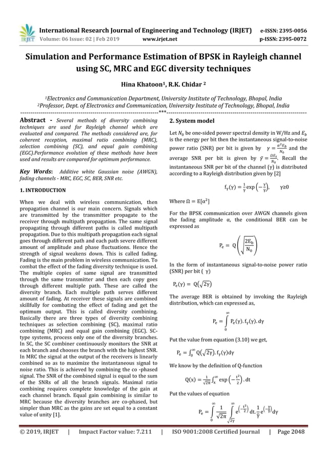 IRJET- Simulation and Performance Estimation of BPSK in Rayleigh Channel using SC, MRC and EGC ...