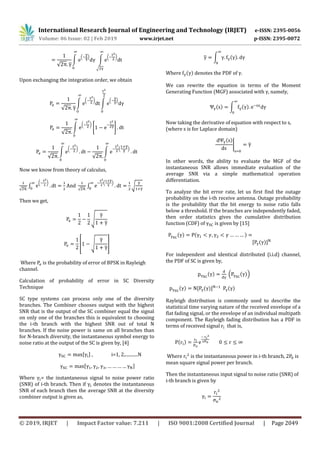 IRJET- Simulation and Performance Estimation of BPSK in Rayleigh Channel using SC, MRC and EGC ...