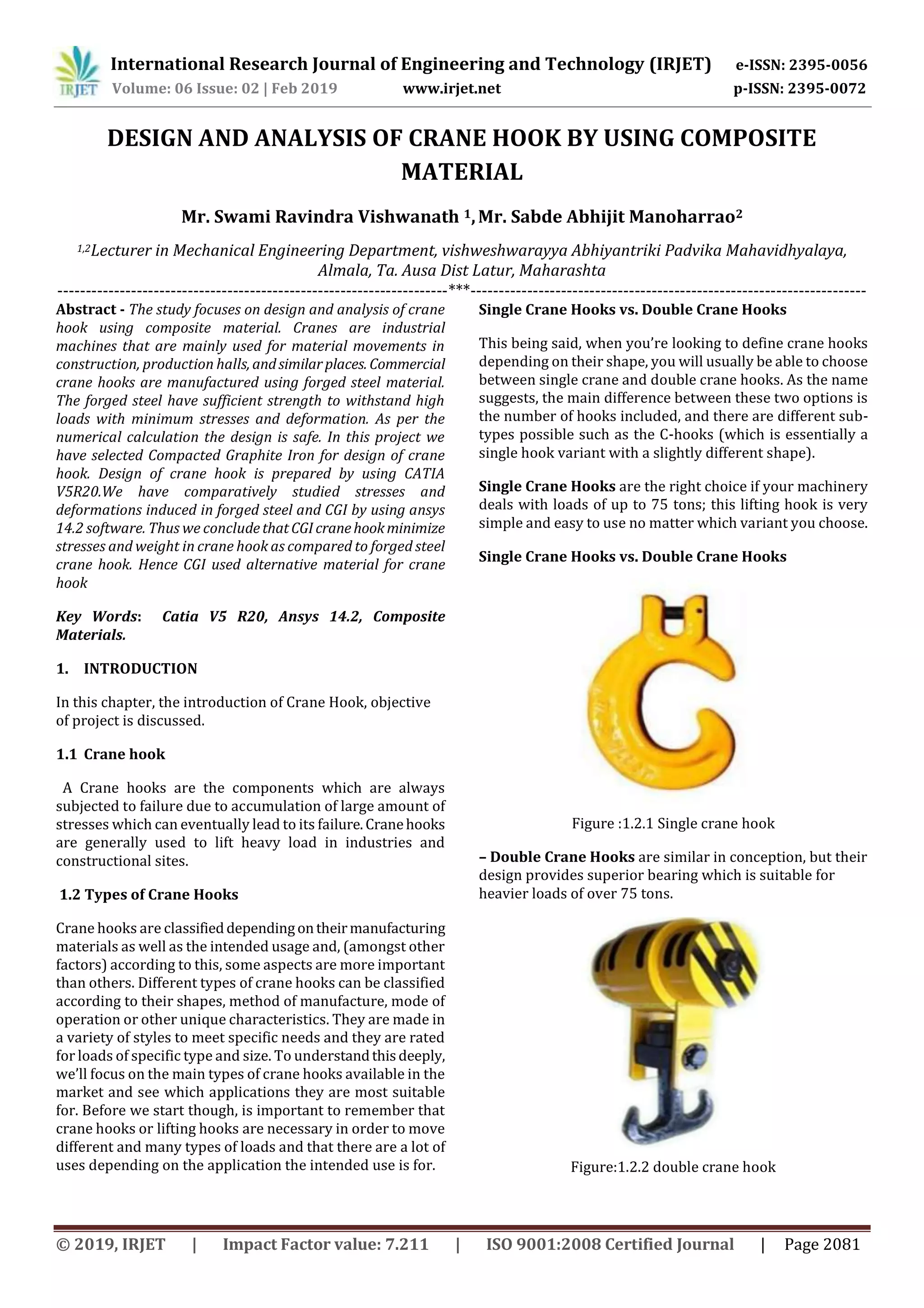 IRJET- Design and Analysis of Crane Hook by using Composite Material | PDF