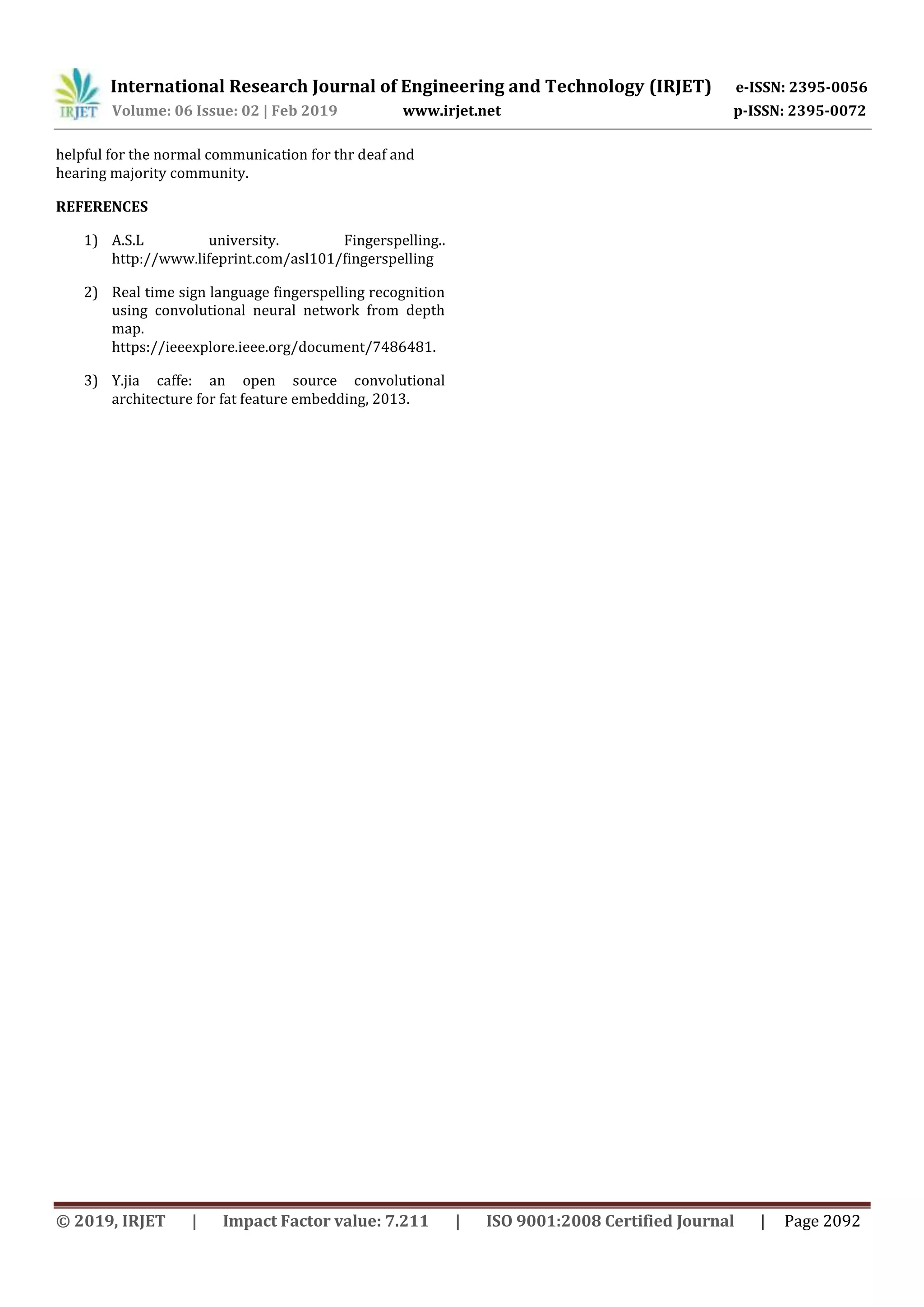 Irjet American Sign Language Fingerspelling Recognition Using Convolutional Neural Networks