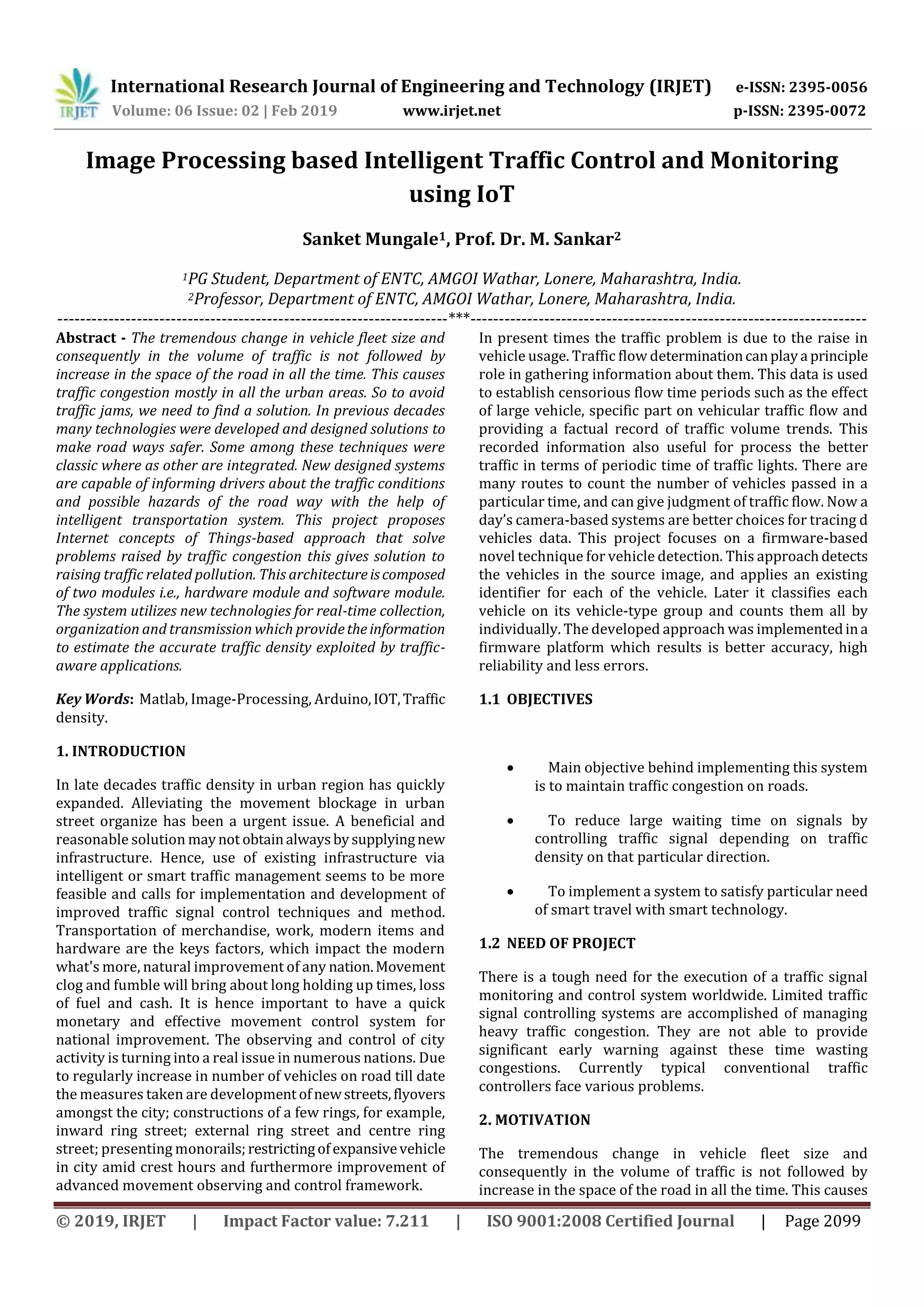 IRJET- Image Processing based Intelligent Traffic Control and Monitoring using IoT | PDF