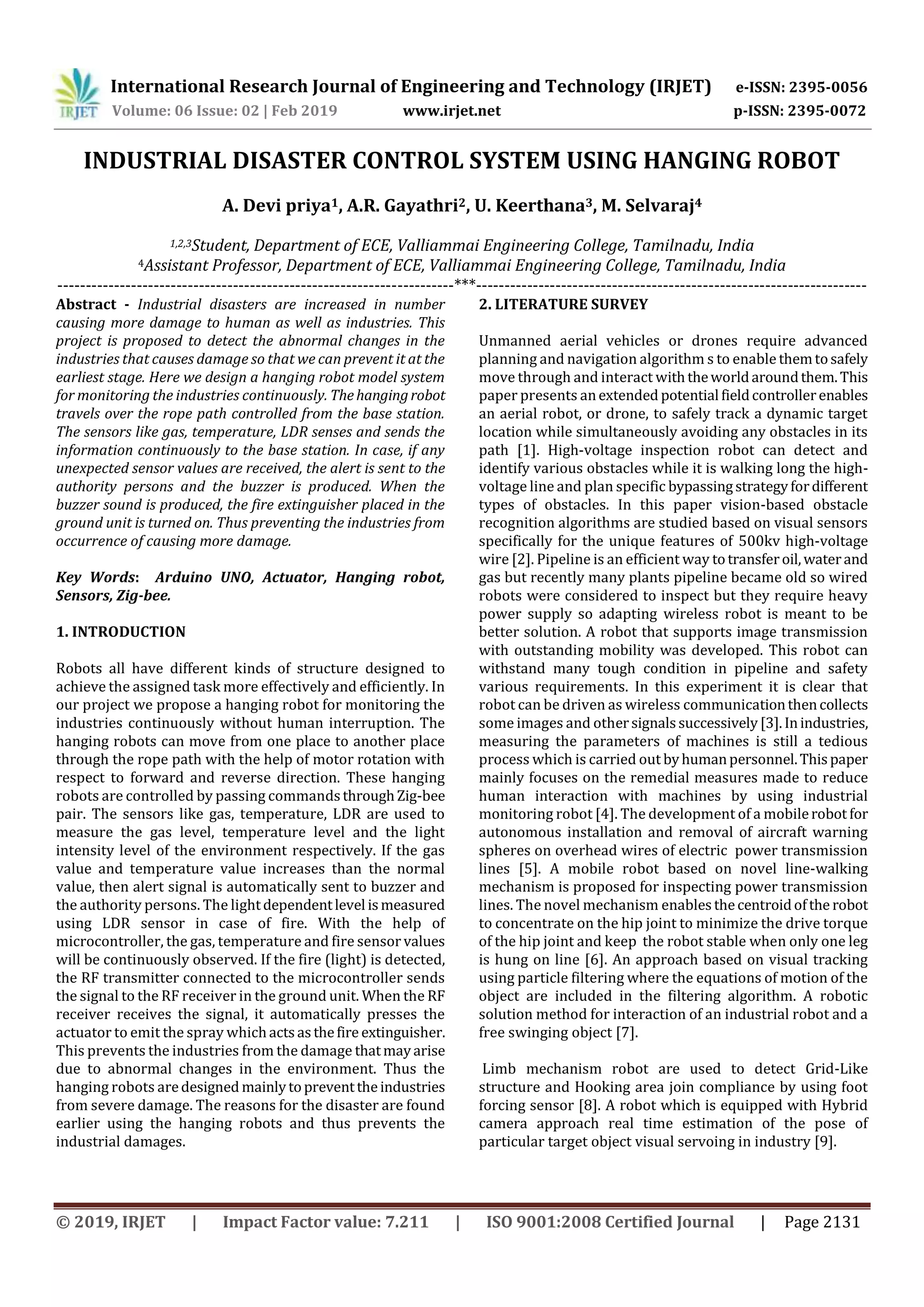 IRJET- Industrial Disaster Control System using Hanging Robot | PDF