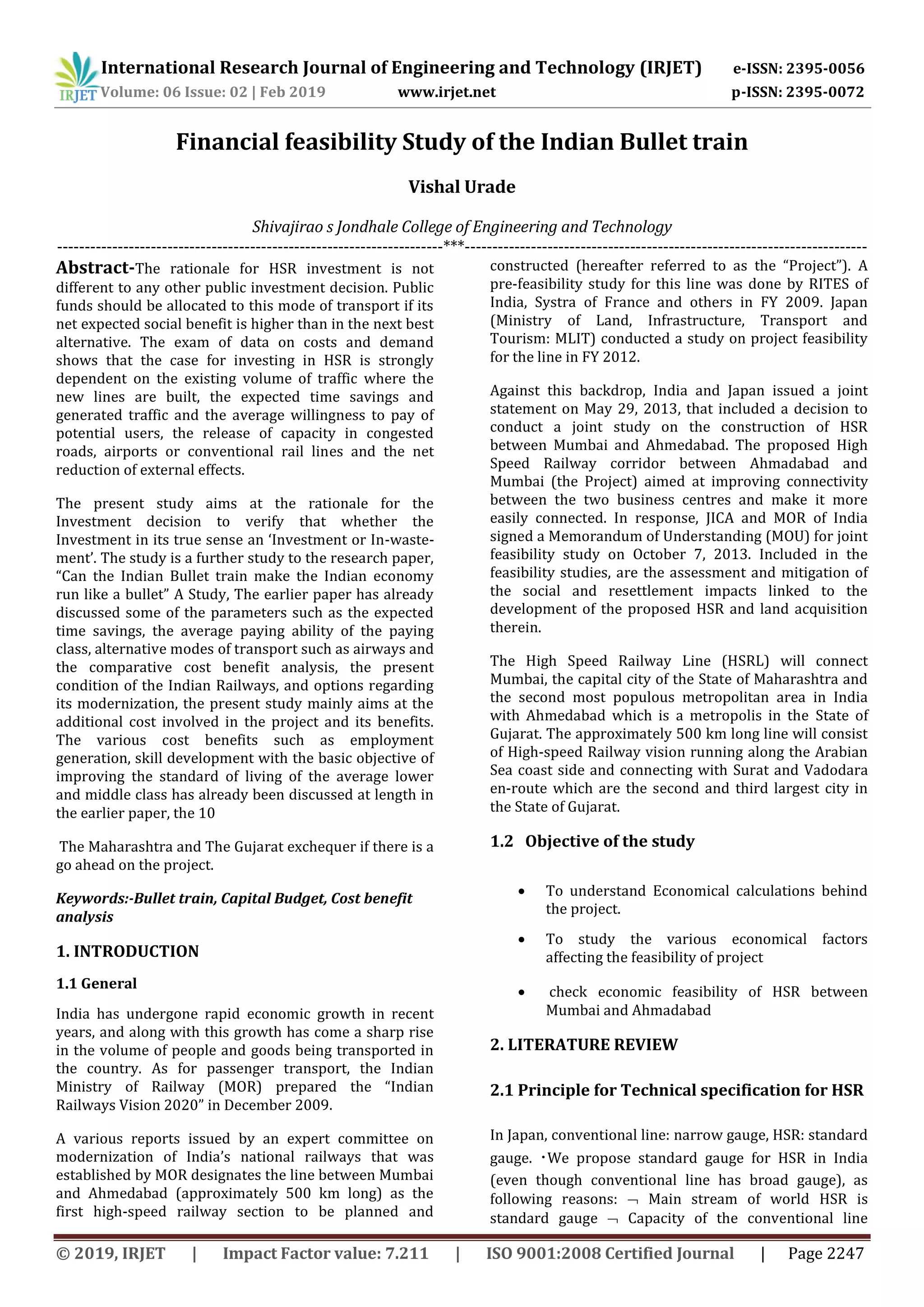 IRJET- Financial Feasibility Study of the Indian Bullet Train | PDF